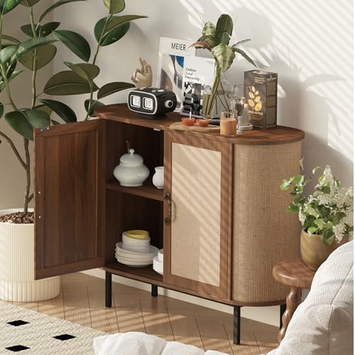 Janmer Home 39.4" Buffet Cabinet with Storage, Curved Storage Cabinet with 2 Doors, Boho Modern Accent Cabinet with Adjustable Shelves for Living Dining Room, Hallway, Entryway (39.4inch, Walnut)