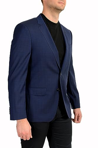 Hugo Boss Men's Huge6 Blue Slim Fit 100% Wool Plaid Blazer US 40L IT 50L