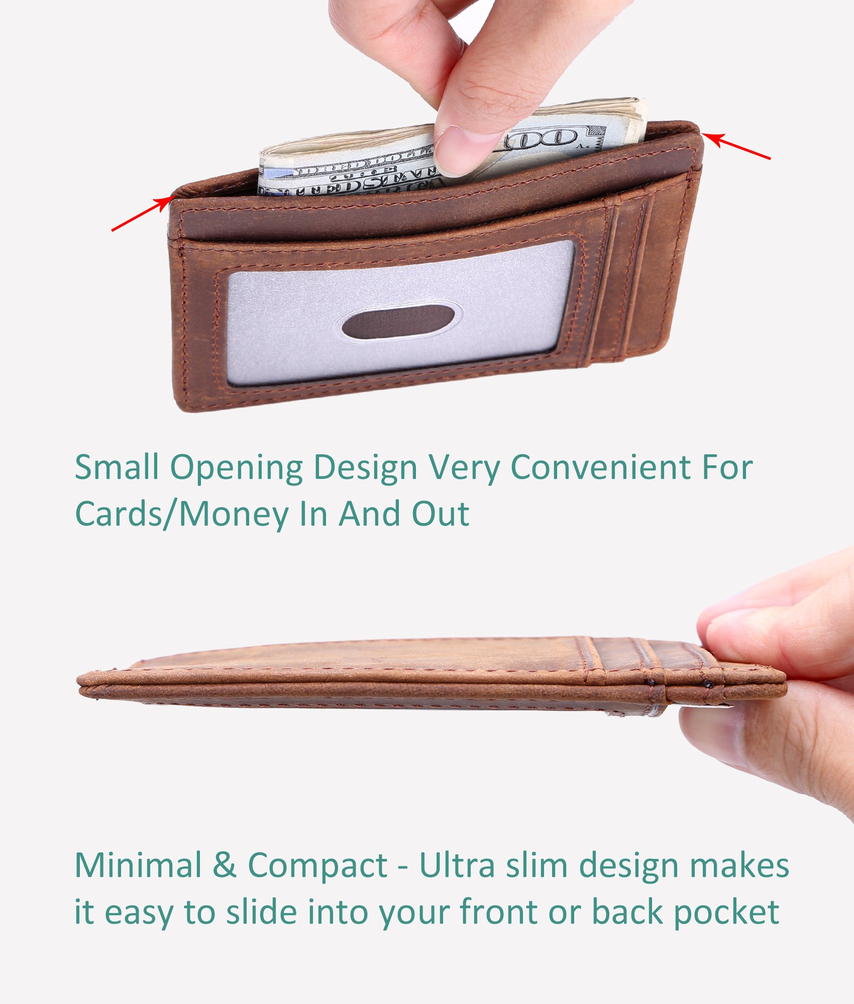 Crazy Horse Genuine Leather Minimalist Slim Wallet For Mens Front Pocket Wallet Secure Thin Small Rfid Blocking Credit Card Holder Mini Minial Khaki Wallet