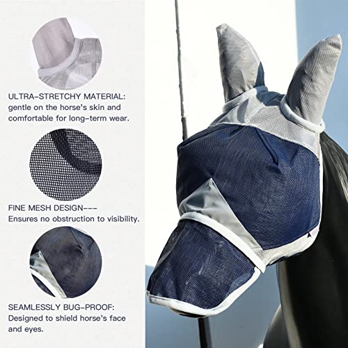 HUIRHUIR Horse Fly Mask Long Nose with Ears UV Protection for Detachable Nose Flap Horse-Navy Blue(XL, Extra Full)