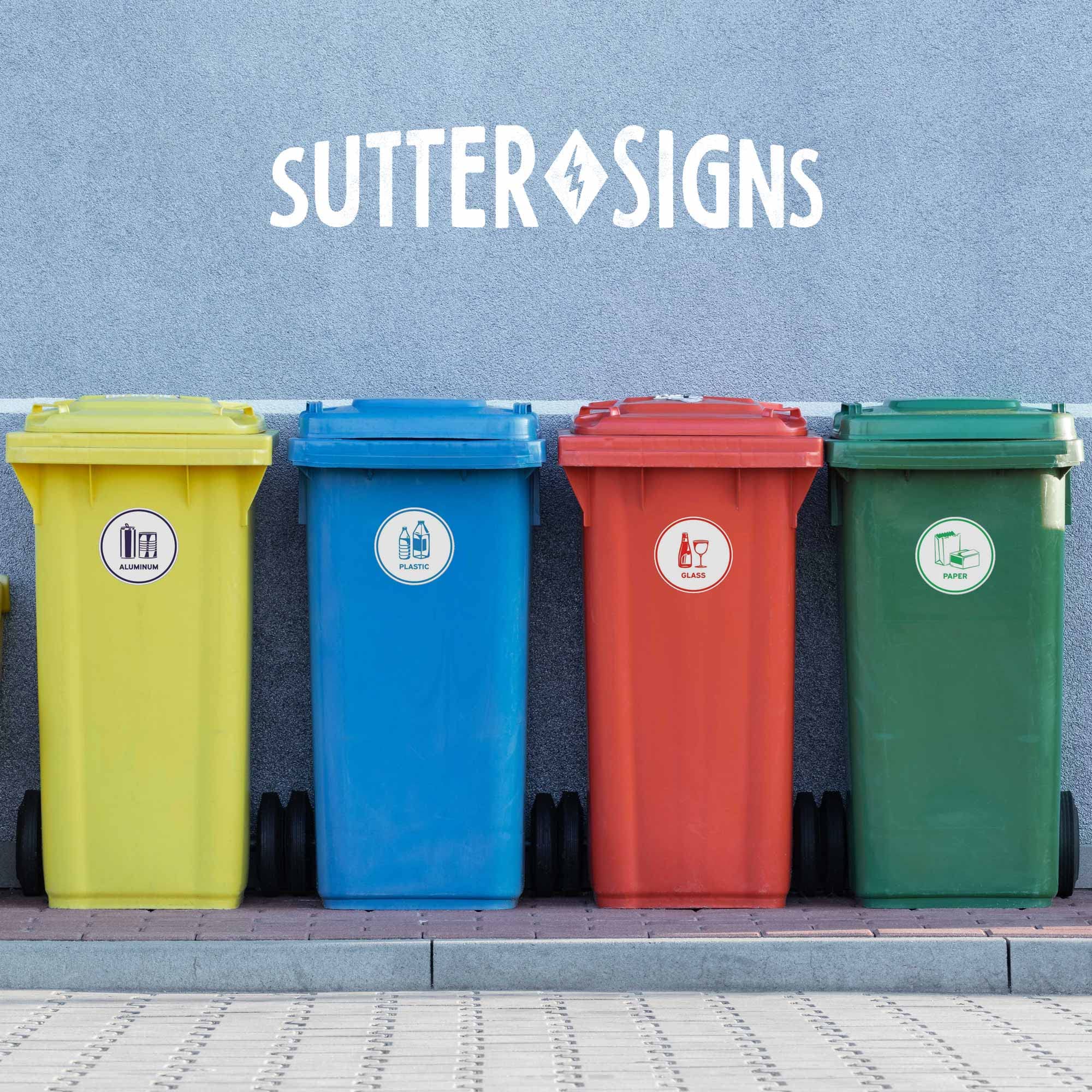 Recycling Stickers for Trash Can, 3.5" Wide | 5pcs Recycle Stickers for Plastic Bins - Paper, Aluminum, Plastic, Glass, Compost