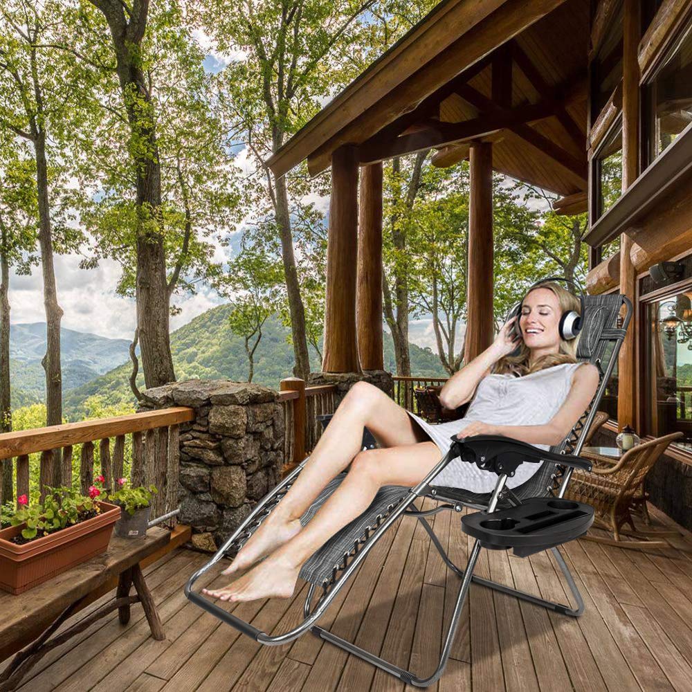 VINGLI Upgraded Zero Gravity Chair Set of 2 Lounge Outdoor Chairs with Trays and Pillows, Folding Patio Recliner Chairs for Backyard Poolside Garden