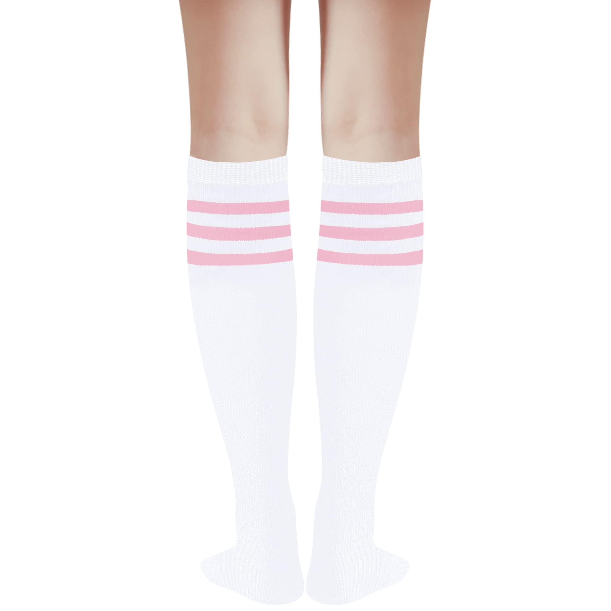 DOOVID Knee High Socks for Women Tube Socks Elasticity Athletic Socks Stripe Knee High Stockings Casual Socks White Pink One Size