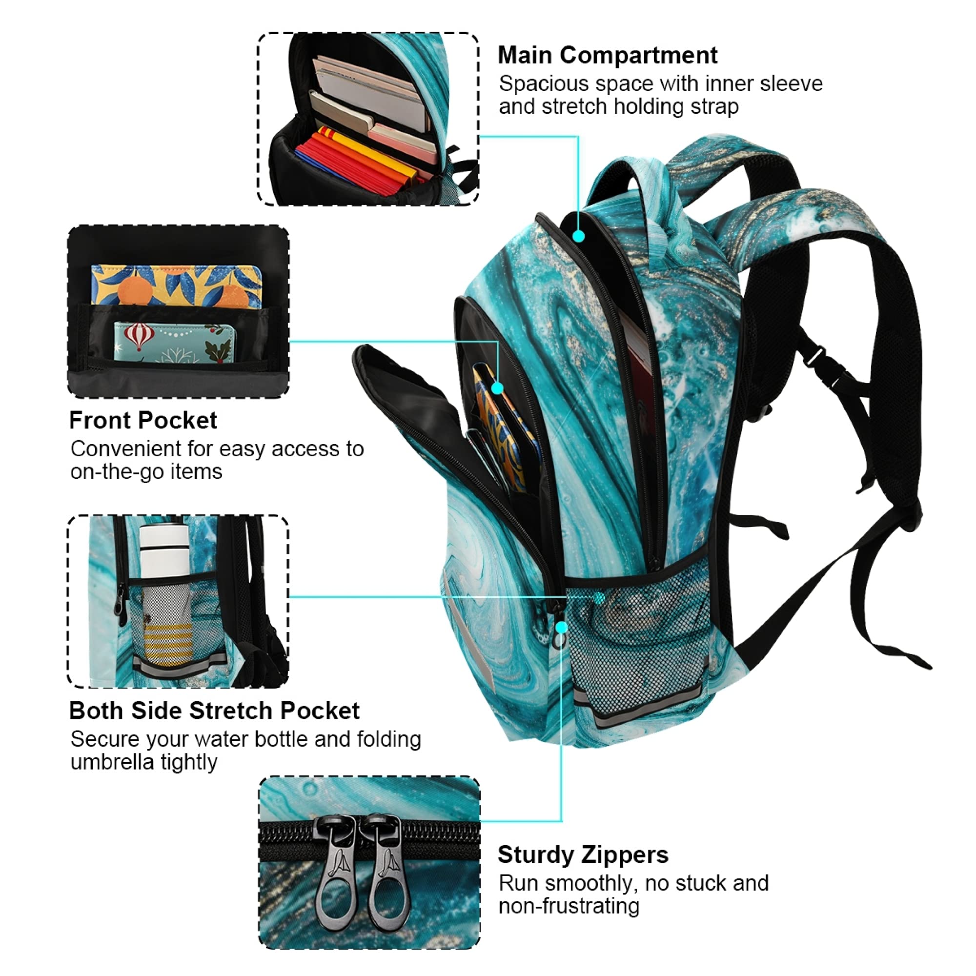Glaphy Ocean Blue Marble Backpacks Laptop School Book Bag Lightweight Daypack for Men Women Teens Kids