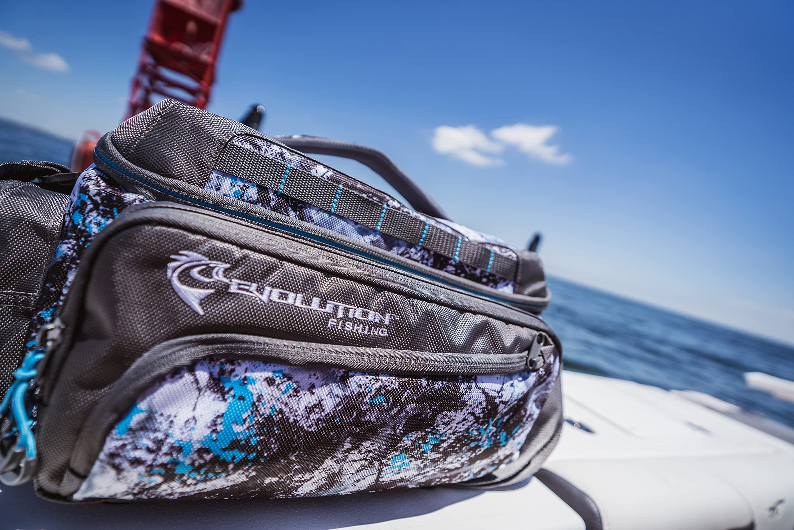 Evolution Fishing Largemouth 3700 Tackle Bag - 19" in, Water Camouflage, Outdoor Carry Bag w/ 3 Fishing Trays, Plier Holster, Tackle Box Storageā¦