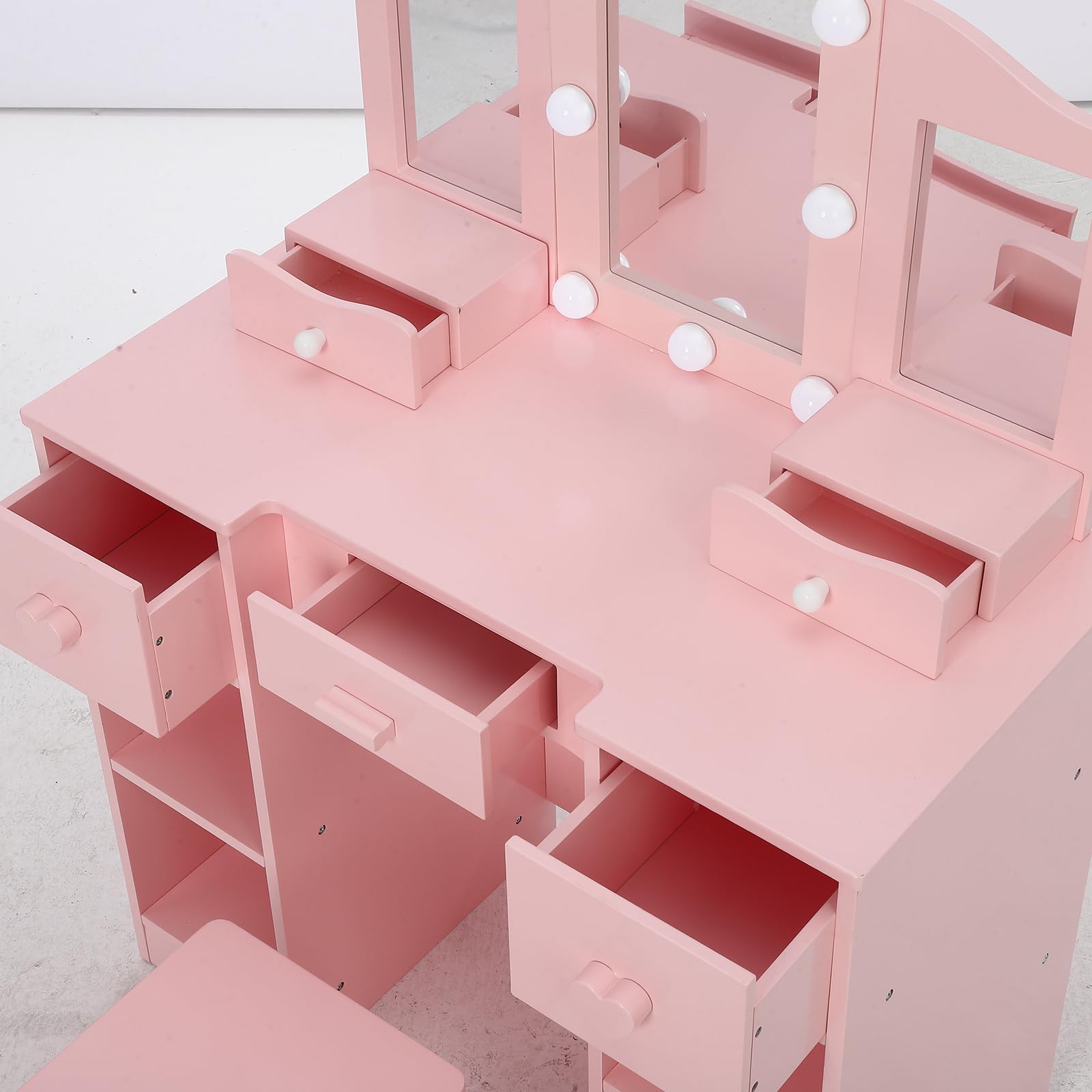 Hobbyfield Kids Vanity Table, Girls Vanity with Tri-Folding Mirror, Drawer,Open Storage Shelves, Makeup Playset with Chair, Princess Vanity Table for Toddlers(Pink)