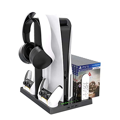 GOTRUTH Vertical Stand for PS5 with 2 Charging Station, 2 Cooling Fan with 15 Game Storage, 1 Pulse 3D Headset Holder, 1 Media Remote Storage