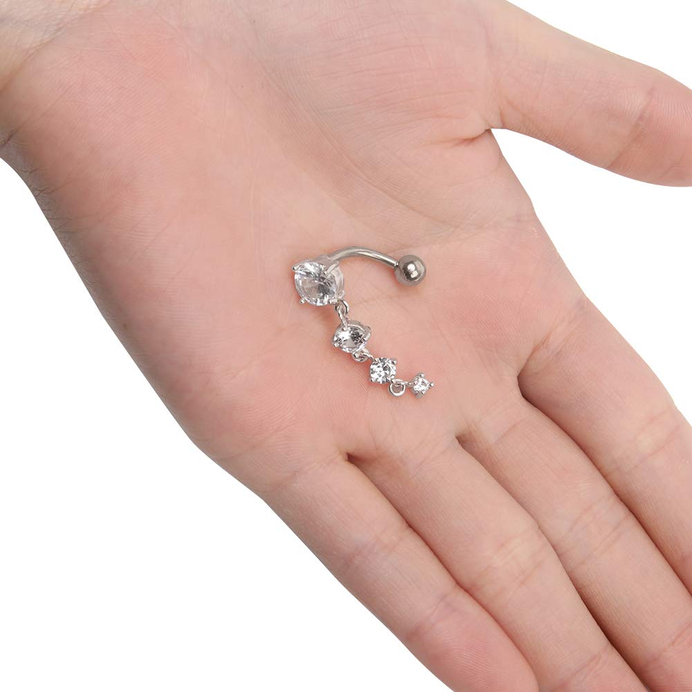 CrazyPiercing 14G Reverse Belly Ring, Cubic Zirconia Long Dangle Navel Ring, Waterdrop Dangling Body Piercing Belly Button Ring for Women Girls (Silver)