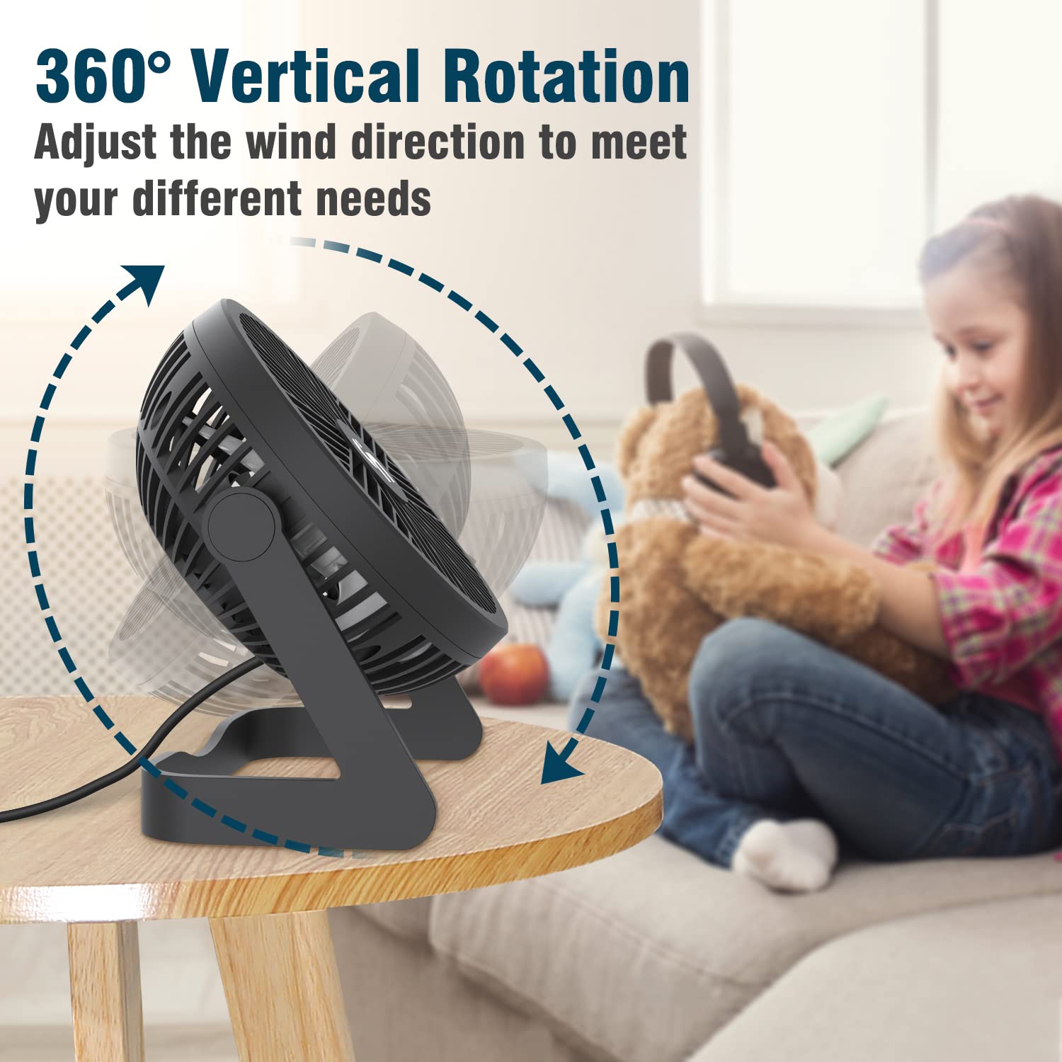 HomeLifairy 5.3 inch USB Desk Fan with LED Light, 3 Speeds Quiet Small Fan,360°Rotation Cooling Table Fan, Mini USB Desktop Fan for Desk Home Office Bedroom
