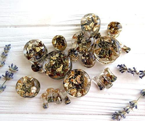 Eternity31 Lavender bridal plugs jewelry gold wedding gauges real flower plugs ear tunnels floral plugs (40mm / 1 9/16" / Pair)