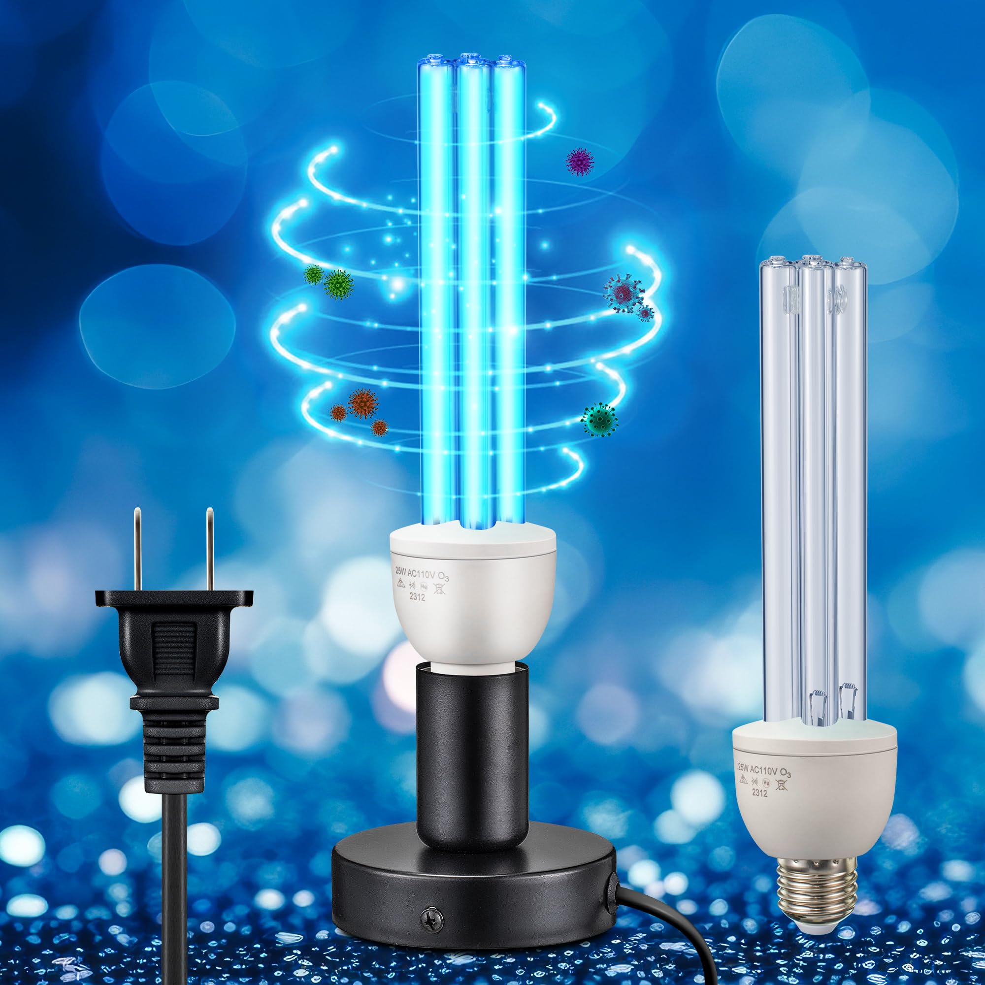 Qualirey 25 Watt UV Light, UVC Lamp with E27 Base and Replacement UVC Bulb, UV Light Bulb for Basement/Bedroom/Kitchen, with Ozone