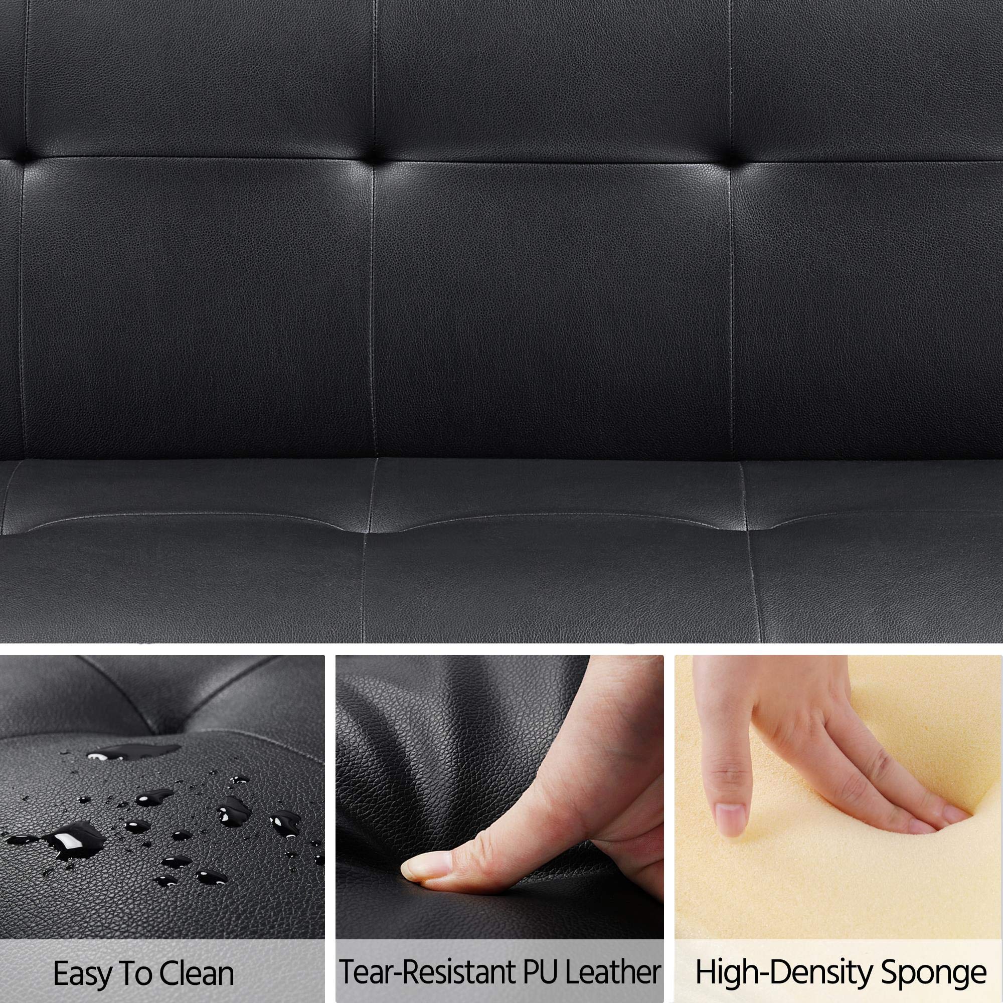 Topeakmart Tufted Faux Leather Sofa Couch Foldable Sofa Sleeper Bed Black Guest Couch Bed Converts to Recliner and Bed