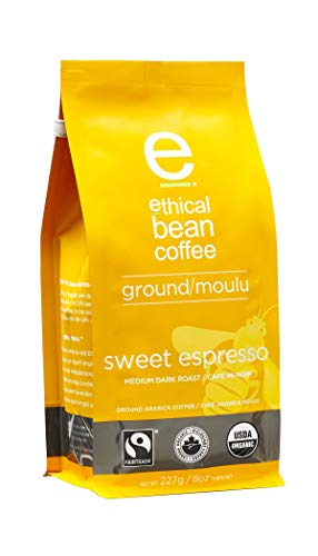 Ethical Bean Fairtrade Organic Sweet Espresso Medium Dark Roast Ground Espresso Coffee (8 oz Bag)