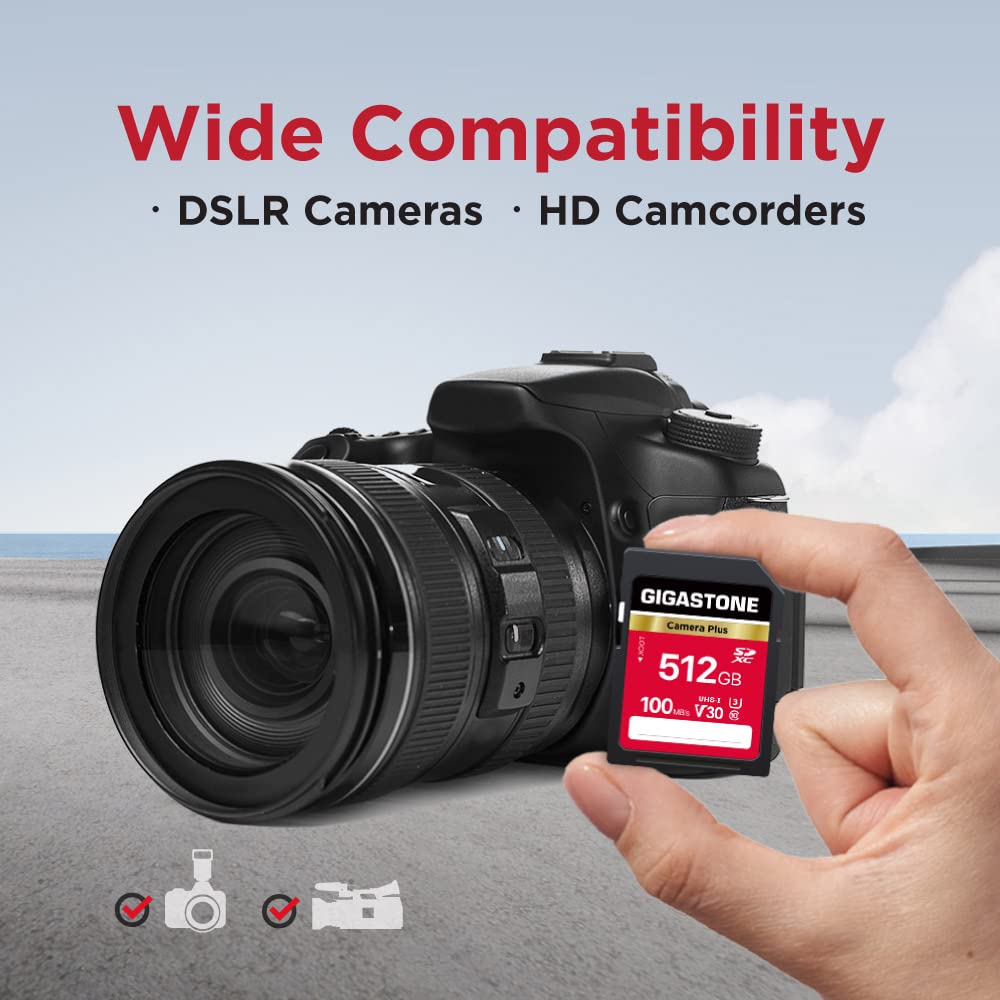 Gigastone 512GB SD Card, Camera Plus, V30 SDXC Memory Card High Speed UHD Video Compatible with Canon Nikon Sony Pentax Kodak Olympus Panasonic Digital Camera, with 1 Mini case