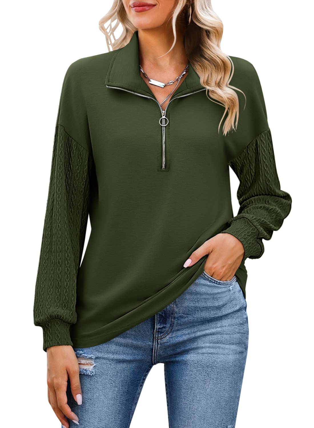 DOROSE Womens Half Zip Sweatshirt Oversized Long Sleeve Collar Drop Shoulder Solid 1/4 Zipper Pullover Army Green L