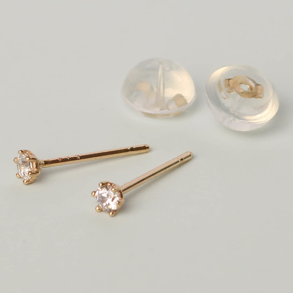 DORO KIMI 14k real solid Yellow Gold white cz Stud solitaire round cubic Earrings for women 6prong setting with 14k gold silicone earring flat backs (5mm)