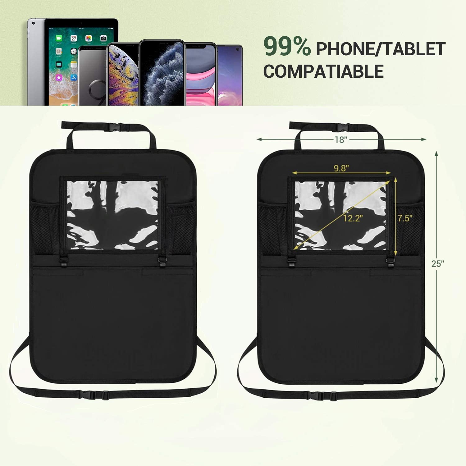 Dotala Kick Mats with Car Back seat Organizer,XL Storage Pocket - 2 Pack with Clear 11"Tablet Holder - Premium XL Protector for Kids Toy Bottle Drink Vehicles Travel (black)