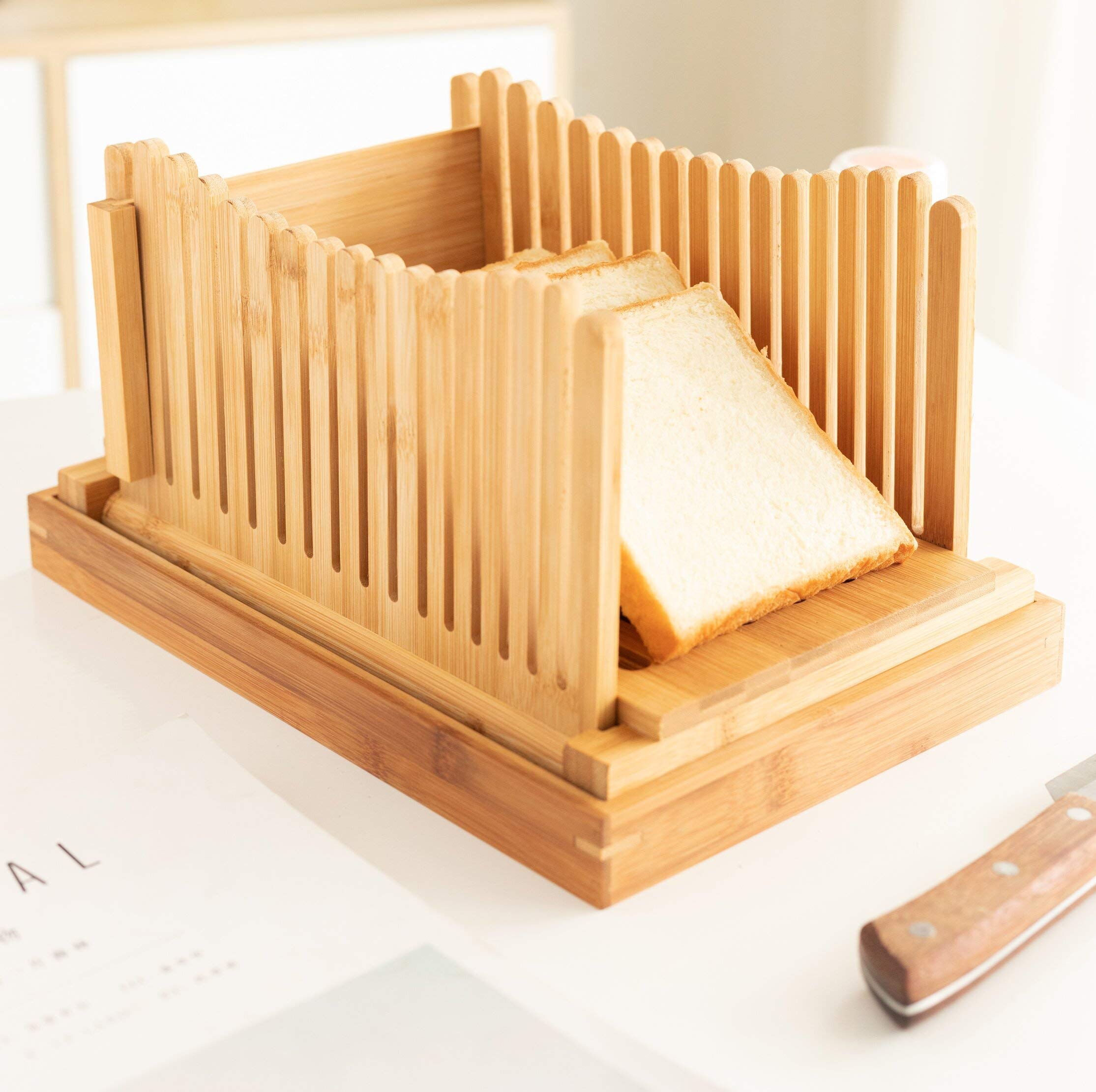 Eon Concepts Bamboo Bread Slicer - Adjustable & Foldable Cutting Guide with Bread Knife for Homemade Bread and Bagels - Compact Design With Crumb Catcher Tray…