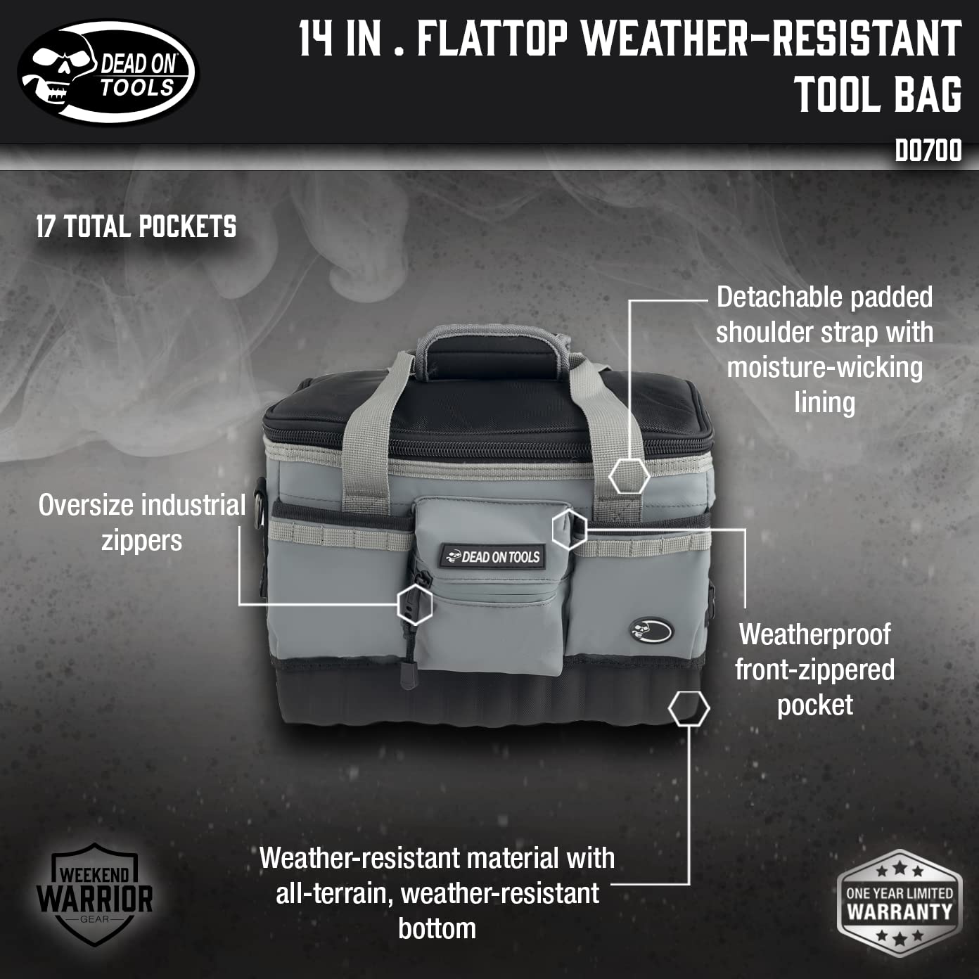 Dead On Tools 14 in. FlatTop Weather Resistant Tool Bag, Gray, One Size