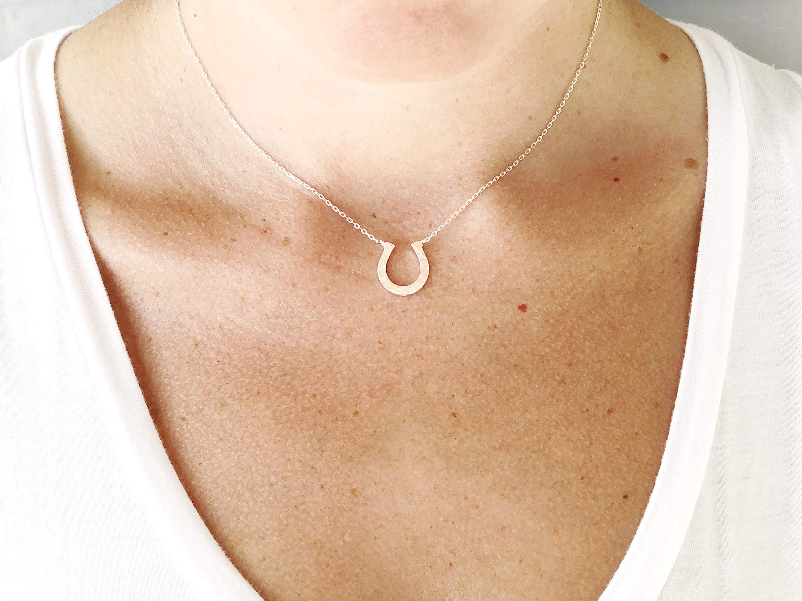 Dote Lucky Horseshoe Pendant Genuine .925 Sterling Silver Hammered Necklace 16-18 Adjustable Chain (Hammered)