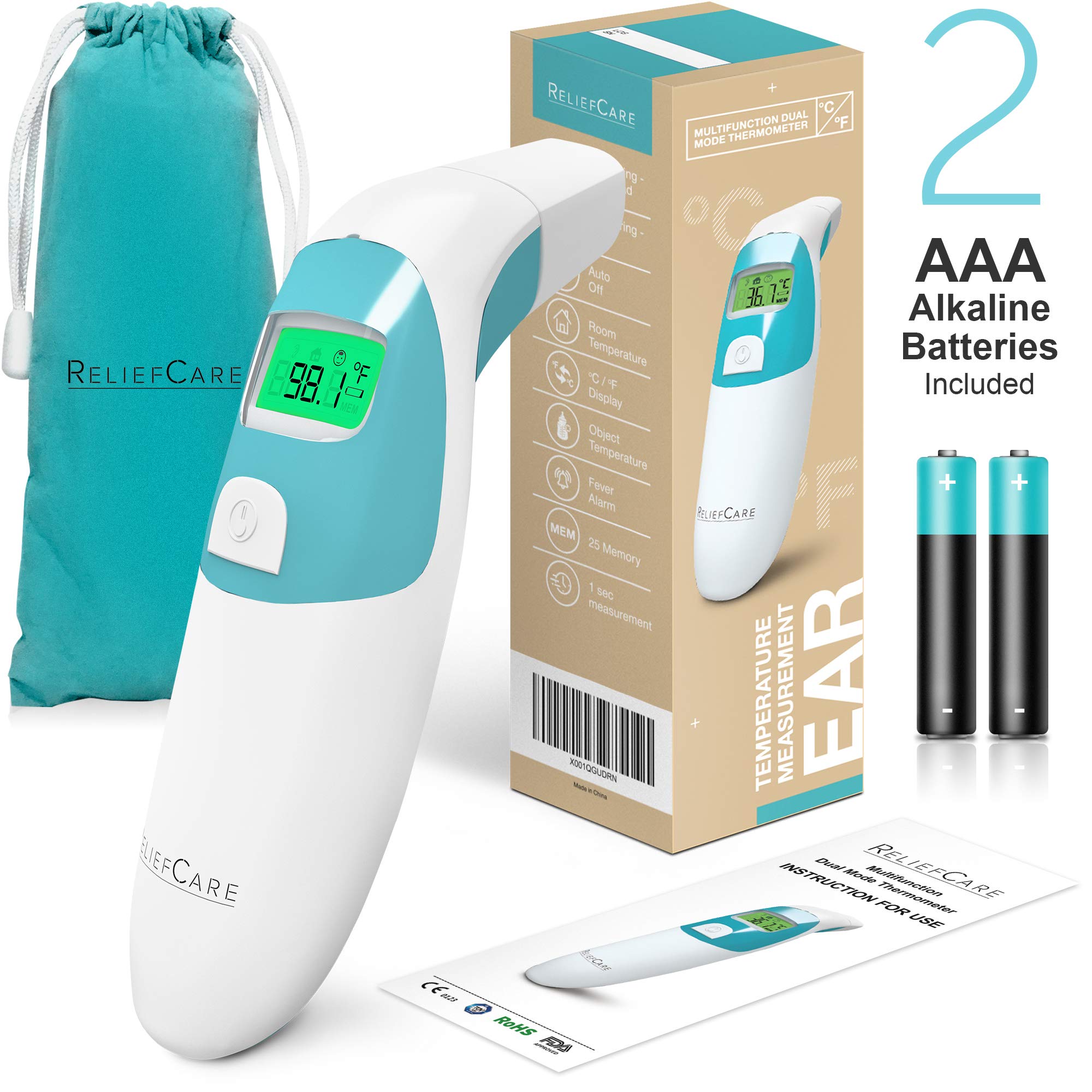 Relief Care Digital Forehead and Ear Thermometer for Adults, Infants, Children - Dual Mode, Infrared Thermometer with Fever Alarm - Accurate Quick Read Digital Thermometer for Adults and Kids