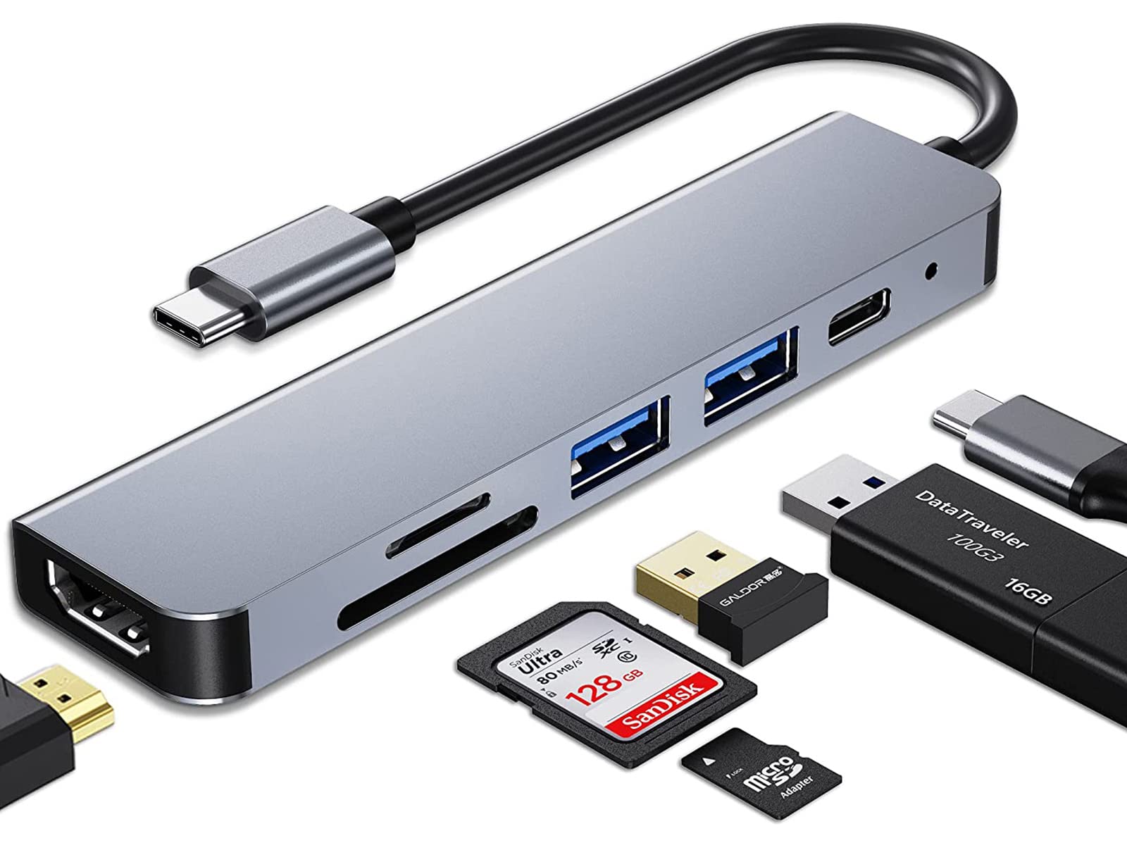 USB Hubs 6 in 1 Type-C Hub, USB C Hub Multiport Adapter with 4K 30Hz HDMI, 100W PD, 1 USB 3.0Port, 1 USB 2.0, SD/TF Card Reader, Compatible for MacBook Air/Pro, iPad Pro, Surface Pro, XPS and More