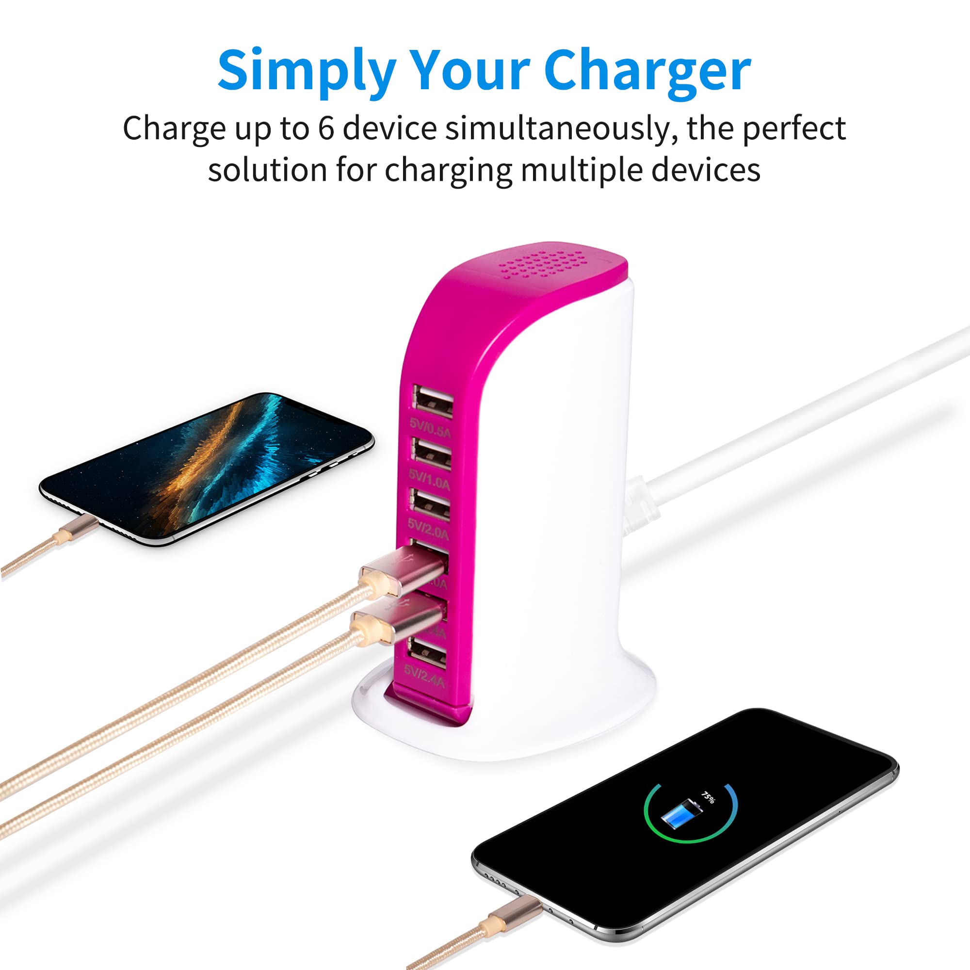 Wyssay 10A(50W) Universal USB Charger,6-Port Independent Desktop USB Charging Station,Multi Charger Block with 4 Ft Extension Cord, USB Fast Charger for Phone Ipad and More(Pink)