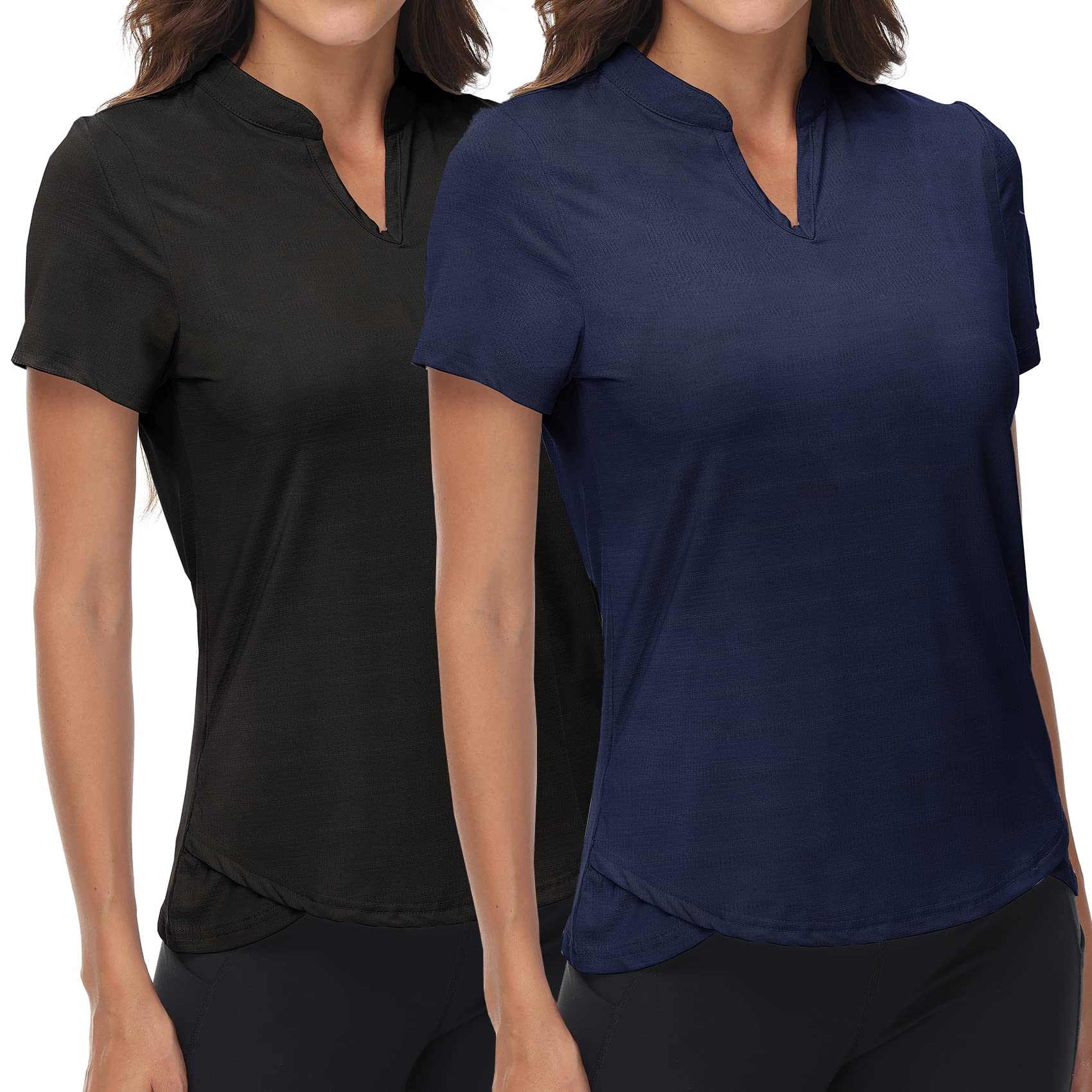 DOTIN Women's 2 Pack V-Neck Golf Polo Shirts Short Sleeve Collarless Quick Dry Sport T-Shirts Workout Tops
