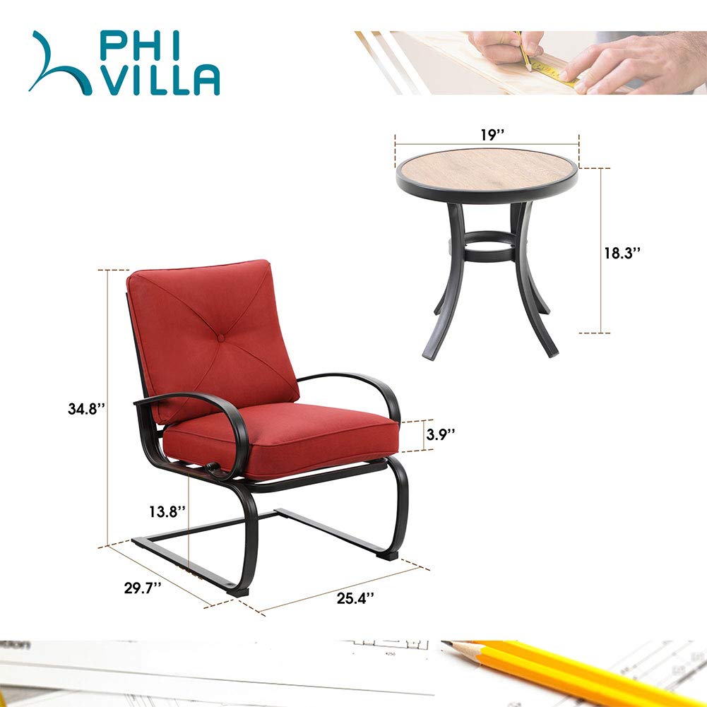 PHI VILLA Outdoor Patio Dining Set of 3, Heavy Duty Spring Dining Chairs and Round Table Bistro Furniture Set with Movable Red Cushioned Seats for Garden & Lawn