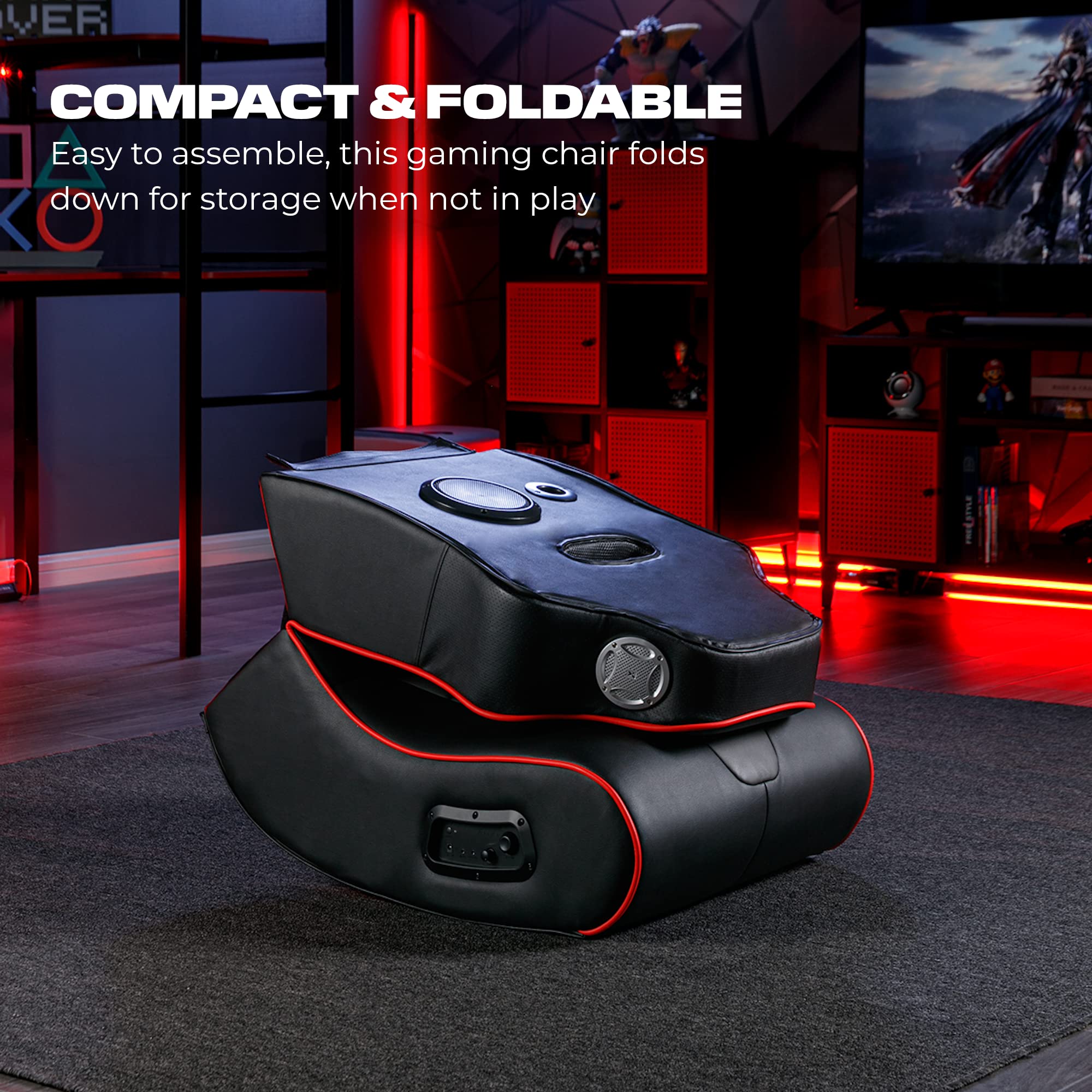 X Rocker Surge Video Gaming Floor Chair with Built-In Wireless Bluetooth Audio, Foldable, Padded Backrest, Faux Leather, 275 lbs Max, Black and Red