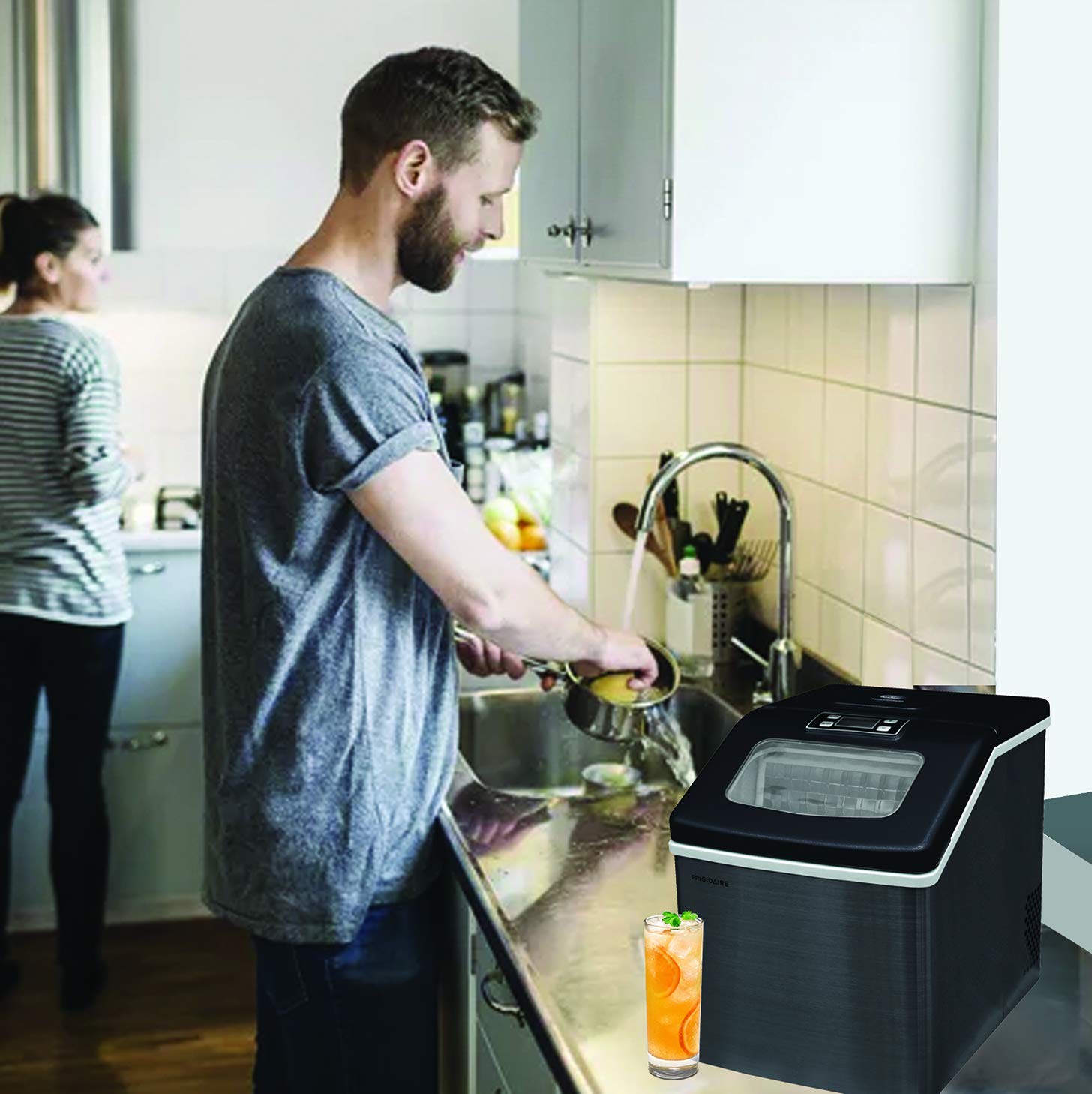 Frigidaire EFIC452-SSBLACK XL Maker, Makes 40 Lbs. of Clear Square Ice Cubes A Day, Black Stainless
