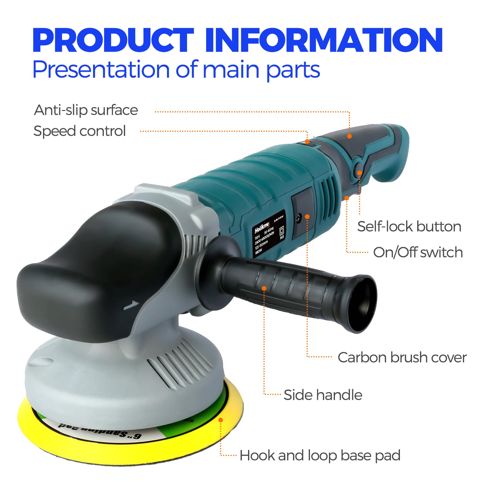 Holikme 42 Pack Dual Action Polisher,Buffer Polisher,DA Buffer Polisher Waxer, 7 Variable Speed, 6500 RPM,Car Buffers And Polishers kit,Car Accessories,Buffer Machine