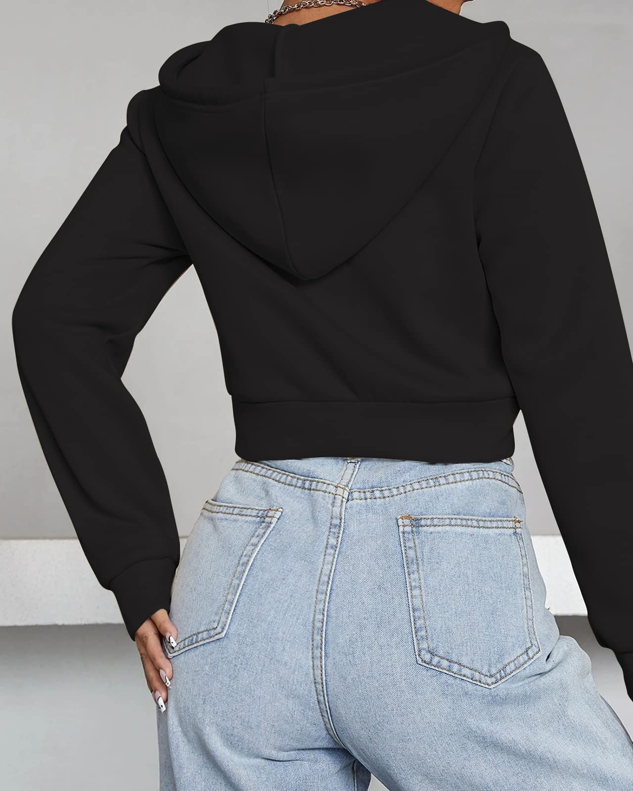Fessceruna Women Crop Tops Zip Up Hoodies Drawstring Casual Long Sleeve Basic Cropped Sweatshirt Black