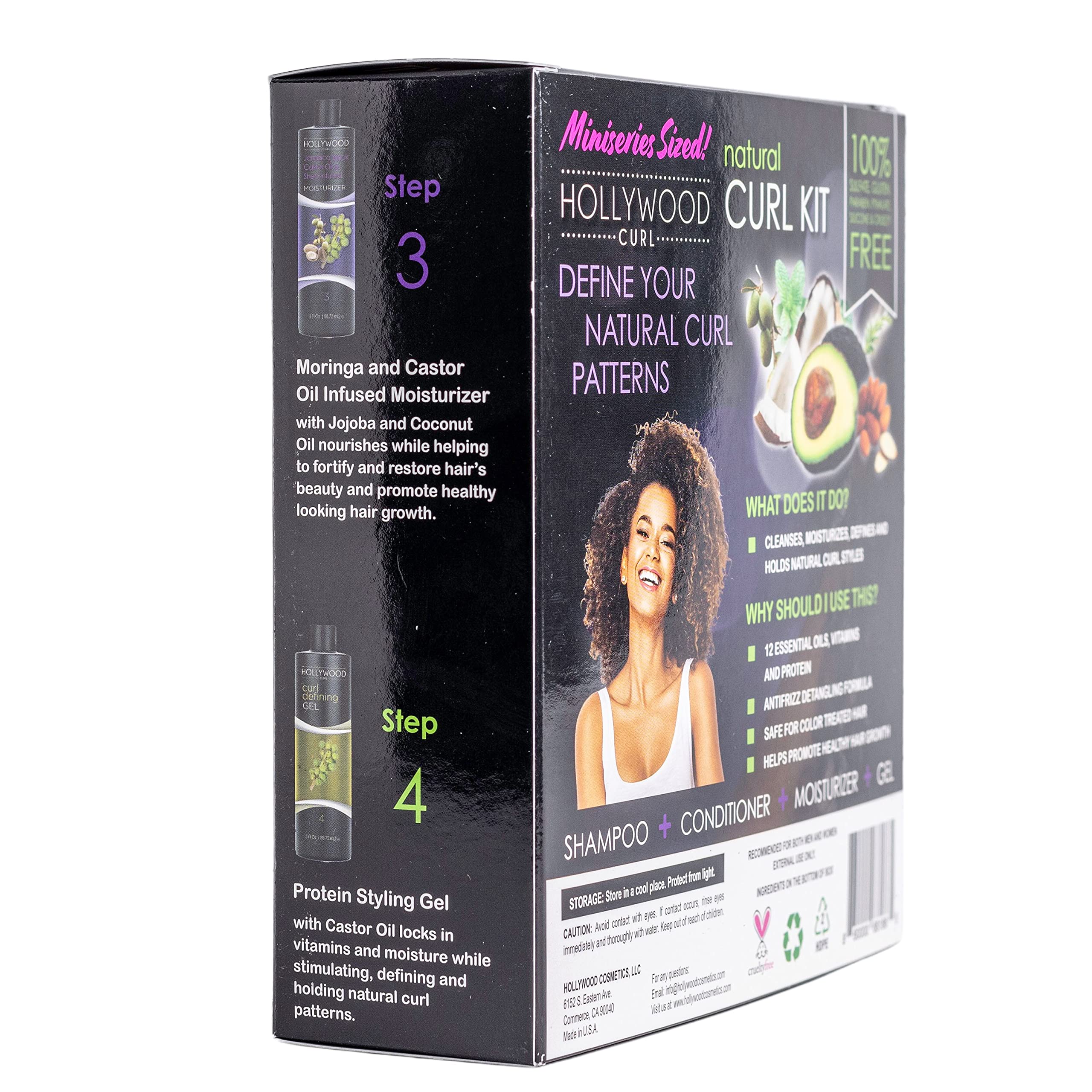 Hollywood Curl 4 Pack Natural Curl Styling Kit - Women and Men β Wavy and Frizzy Hair Control - w/Essential Oils, Vitamins, and Protein β Includes Shampoo, Conditioner, Curling Cream, and Styling Gel