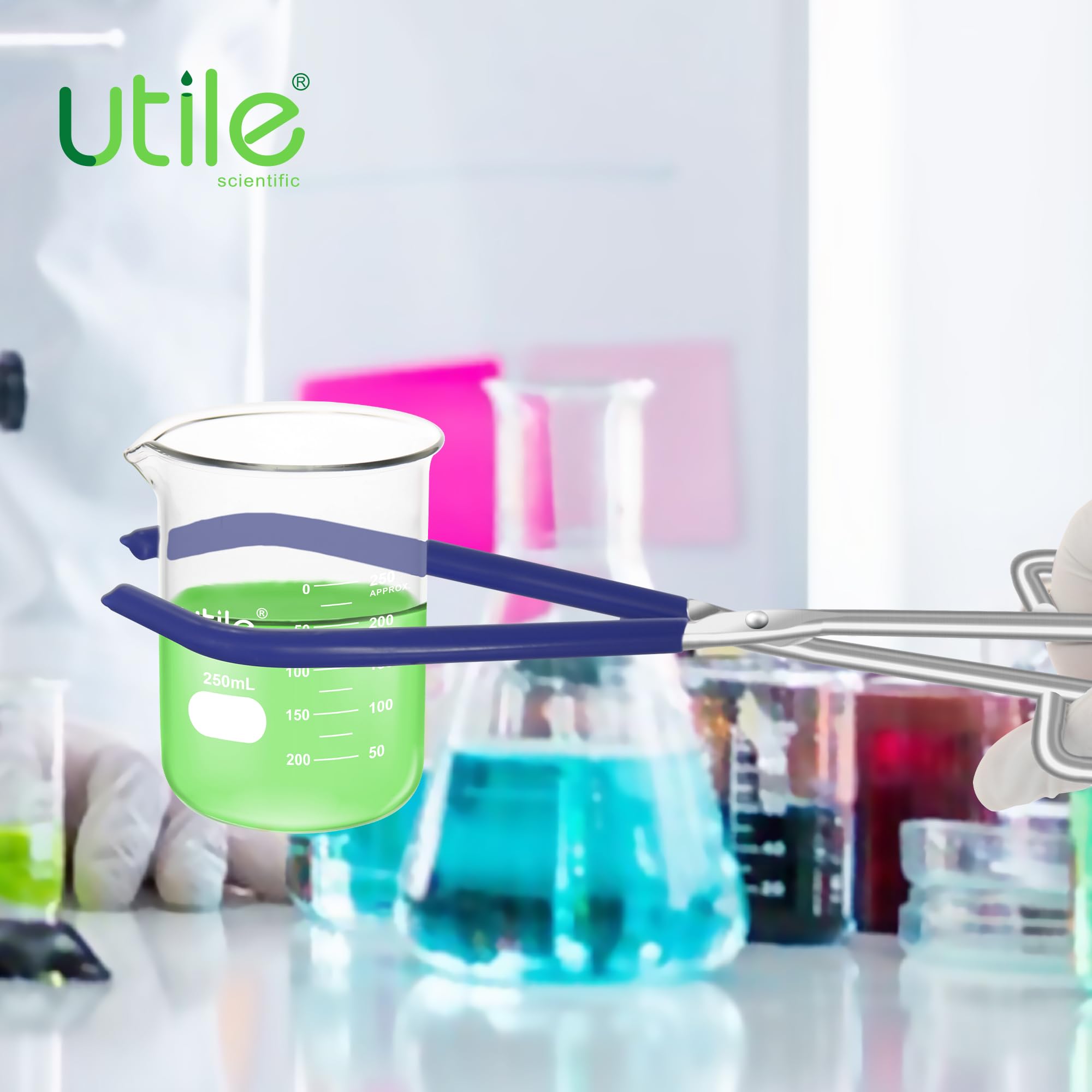 Utile Lab Beaker Tongs, Made of Mild Steel, with Chrome Plated Surface and Blue PVC Overmolding Cover, Laboratory Clamps for 50ML-2000ML Beakers, 4030.0903.1