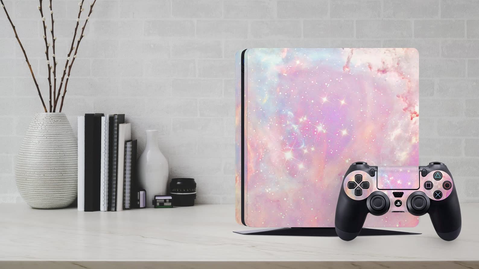 ZOOMHITSKINS Compatible with PS4 Slim Skin, Galaxy Pink Pastel Star Light Blue Rose, Durable & Fit, 3M Vinyl, Made in The USA