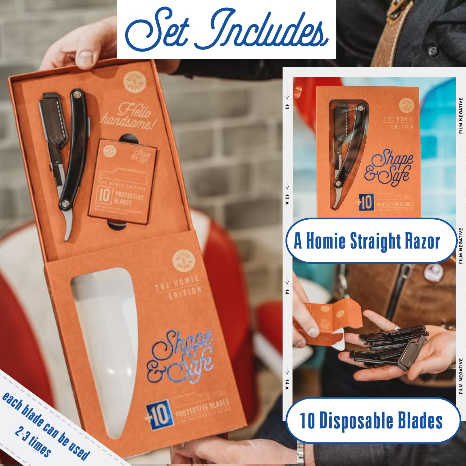 Homie Patented Straight Edge Razors for Men, Close Shaving Razor for Beard with 11 Disposable Blades, Easy to Use and Replace Single Edge Razor Blades with Protective Layer & Safety Lock -Barber White