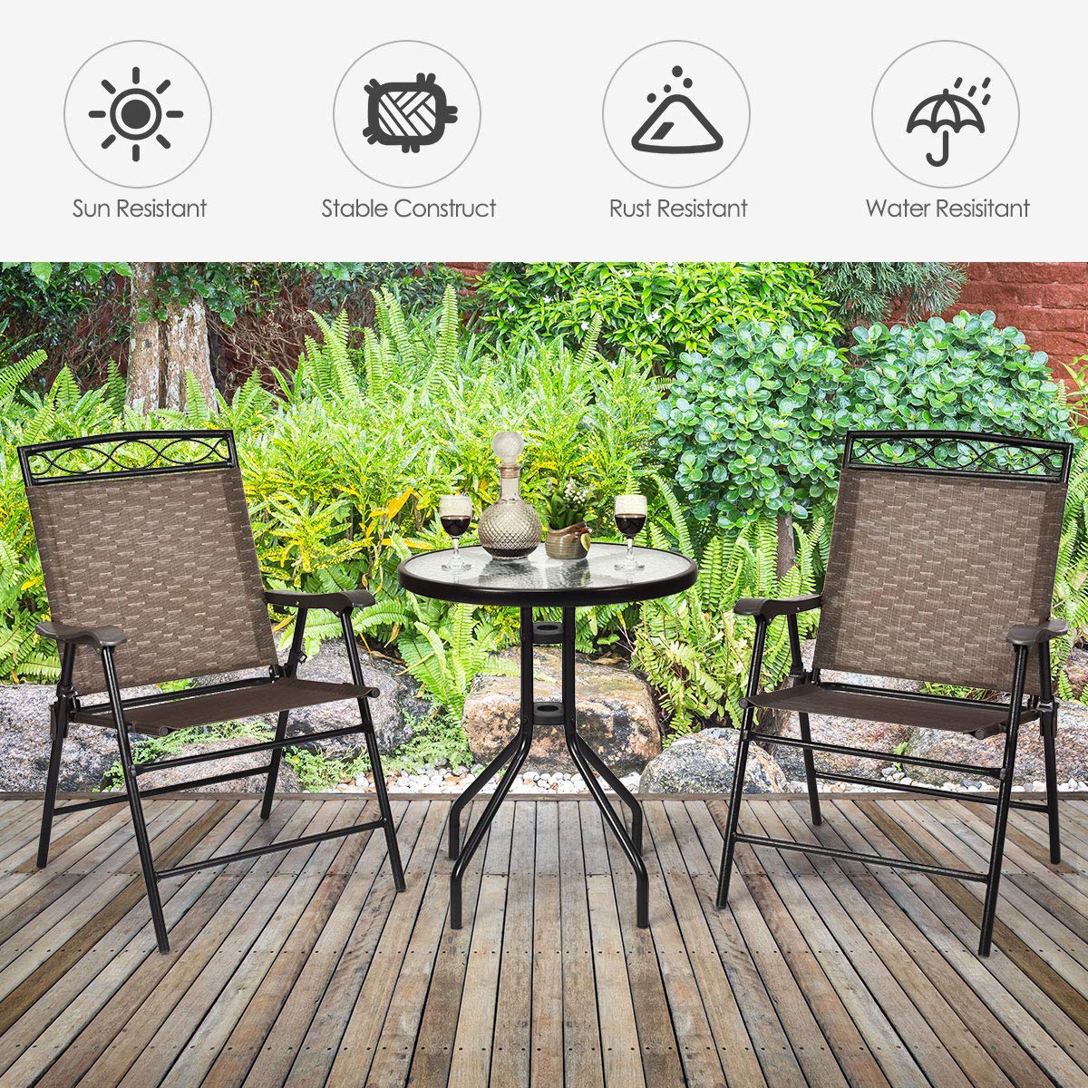 renatone 3 Piece Patio Bistro Set, Outdoor Bistro Dining Furniture Set Table & Folding Chairs for Garden, Pool, Backyard, Tempered Glass Tabletop with Umbrella Hole