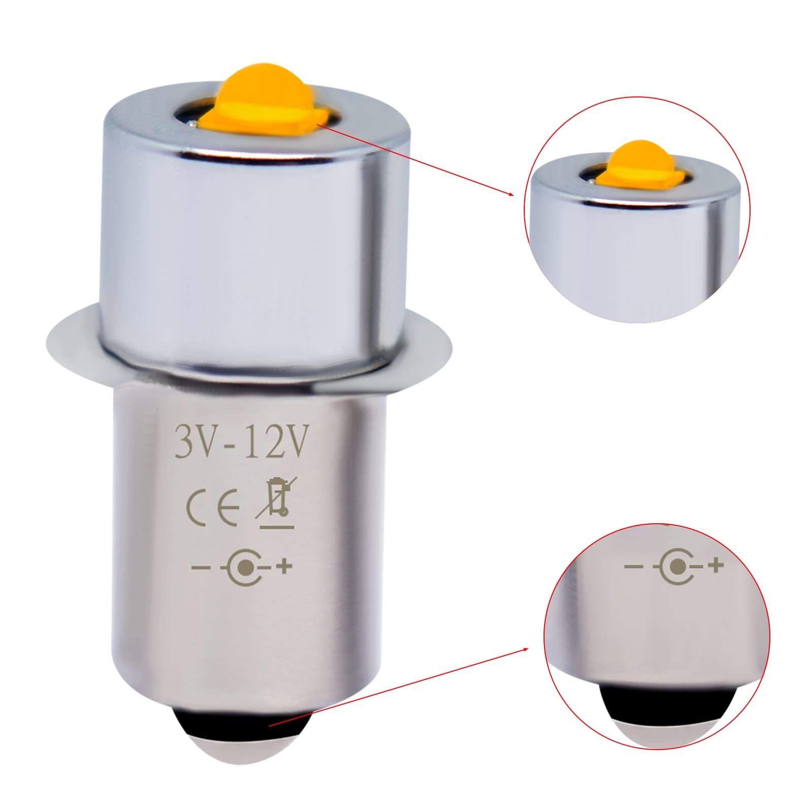 Double liang Upgrade AC/DC LED Flashlight Bulb 18V P13.5S 3W 6-30V (6V 9V 12V 19.2V 24V) LED Replacement Bulb for Torch Tooling Lantern Bulbs Replacement,Non-Polarity (6-24V, White)