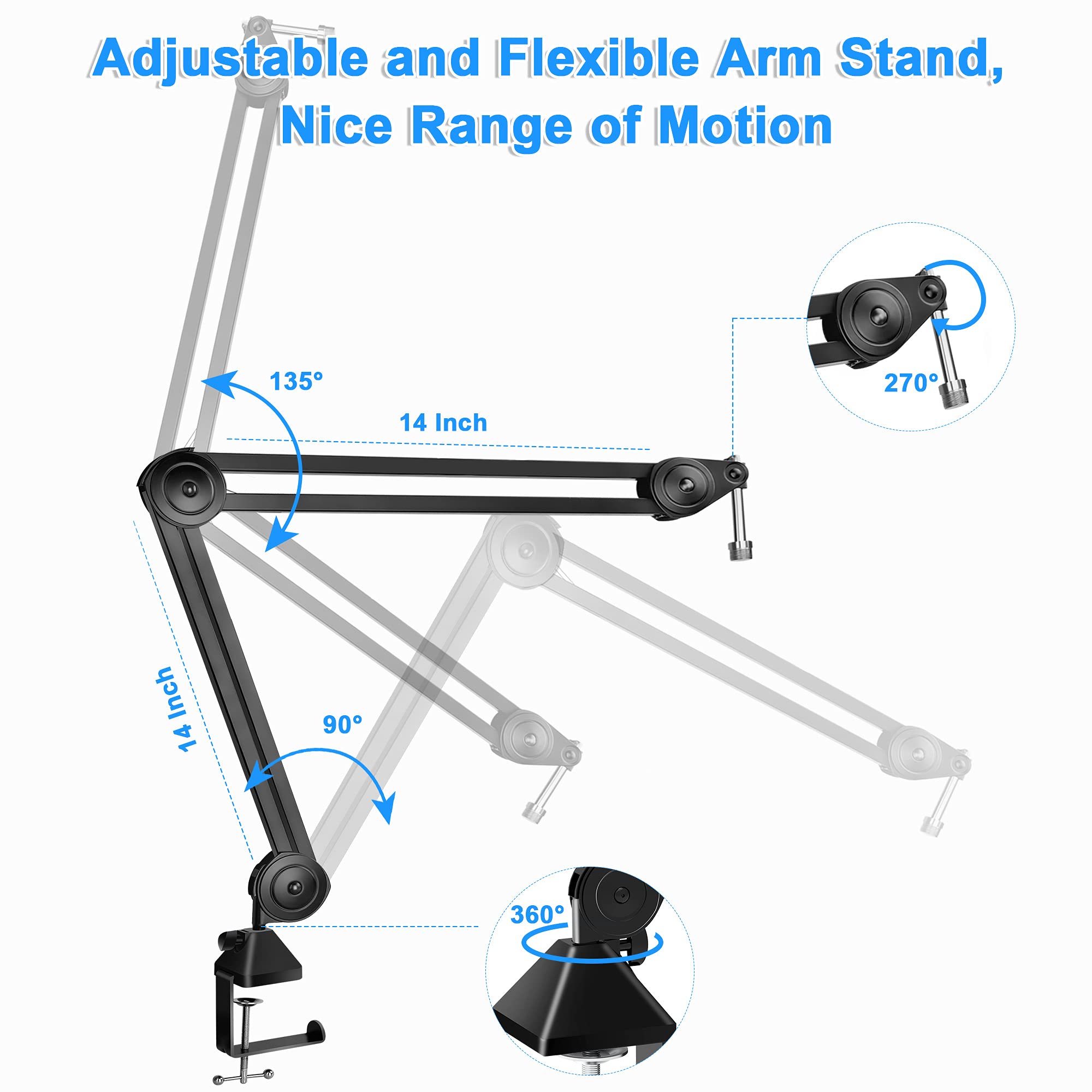 eWonLife Mic Arm, Boom Arm Mic Stand Desk Mount with 5/8 Thread, Microphone Stand for Shure SM7B, Mv7, Blue Yeti, Hyperx Quadcast, Heavy Duty, With Filter, 5/8" to 3/8", to 1/4" Adapter, 8 Cable Ties
