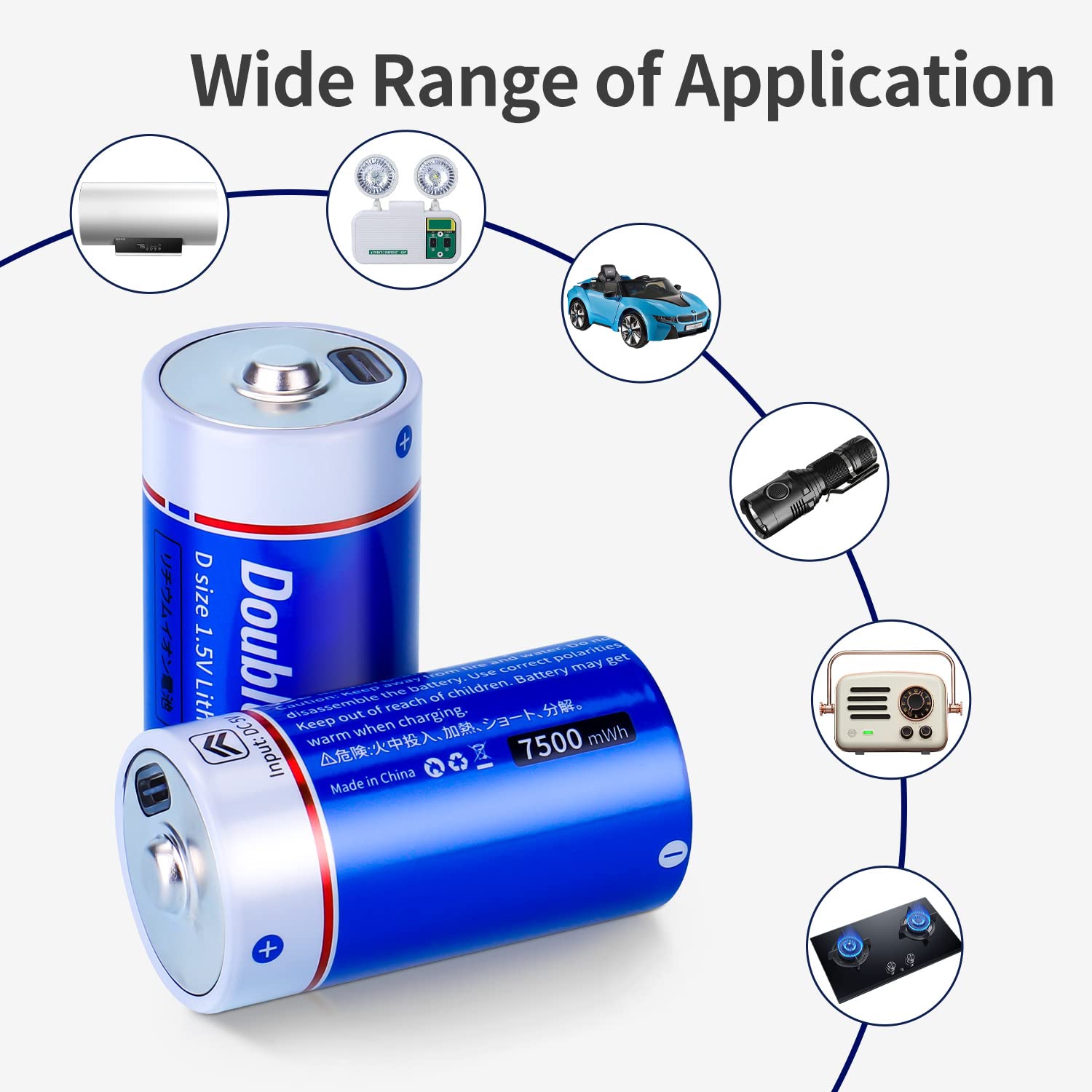 Doublepow Rechargeable D Batteries,Lithium D Batteries with USB-C Port,7500mWh 1.5V D Li-ion Cell Battery,Lr20 D Size Battery,D Battery for Flashlight/Floodlight, 4 Pack