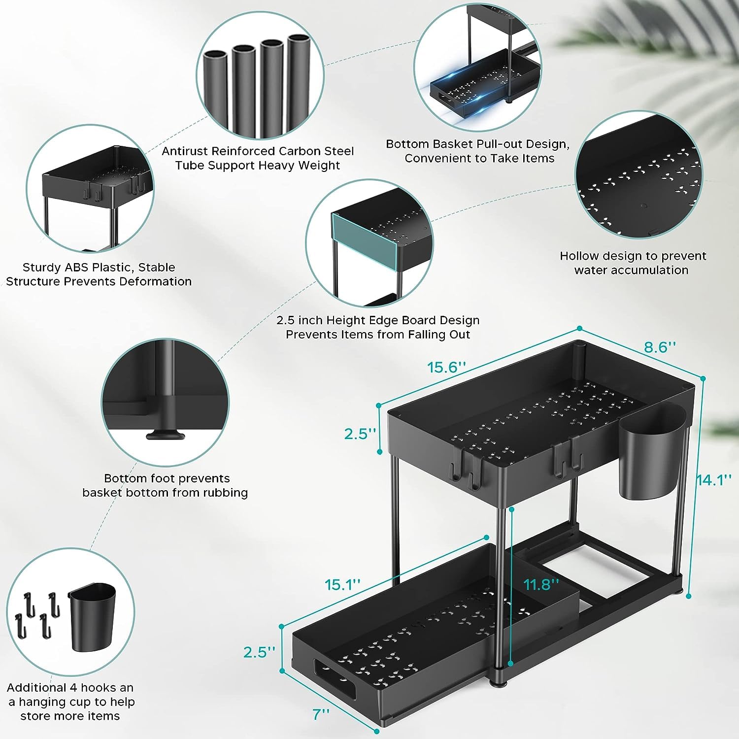 FatPnut Kitchen Under Sink Organizer, 2 Tier Slide Out Under Cabinet Organizer, 2 Pack Double Shelf Kitchen Storage, Under the Sink Organizer Bathroom (Black) SCSN-L-02