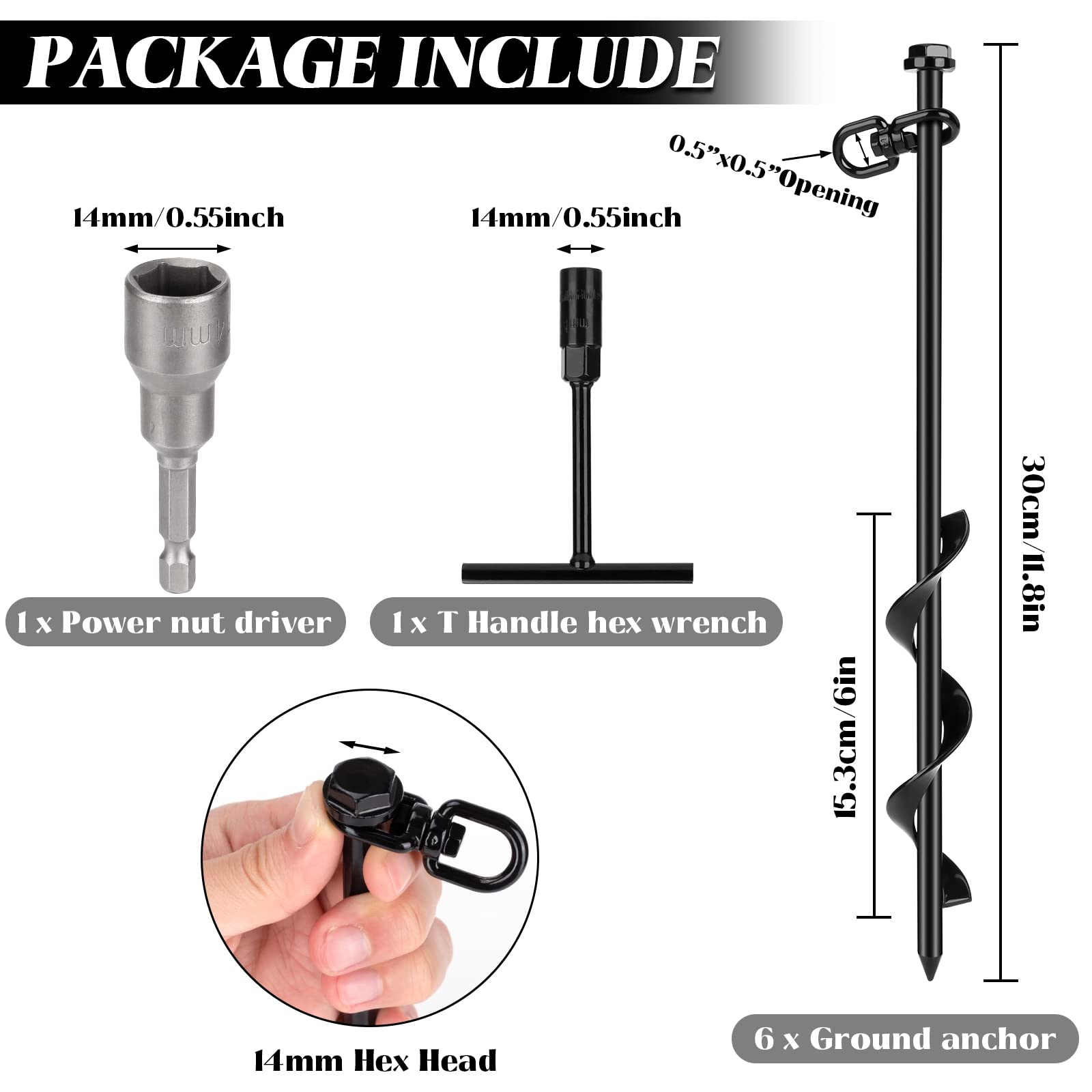FAURIMMER 6 Pack Ground Anchor Heavy Duty Earth Anchors with T Handle Hex Wrench & Power Nut Driver, Metal Stakes Ground Anchors Screw in for Swing, Trampoline, Tents, Securing Animals
