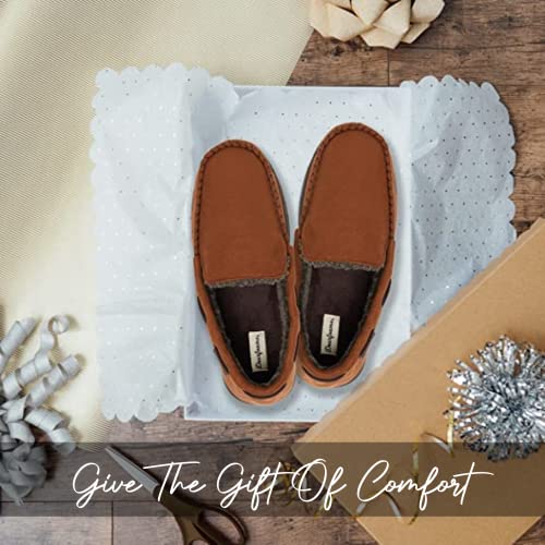 Dearfoams Men's Keaton Memory Foam Moccasin with Wide Widths Slipper, Chestnut Microsuede, Large