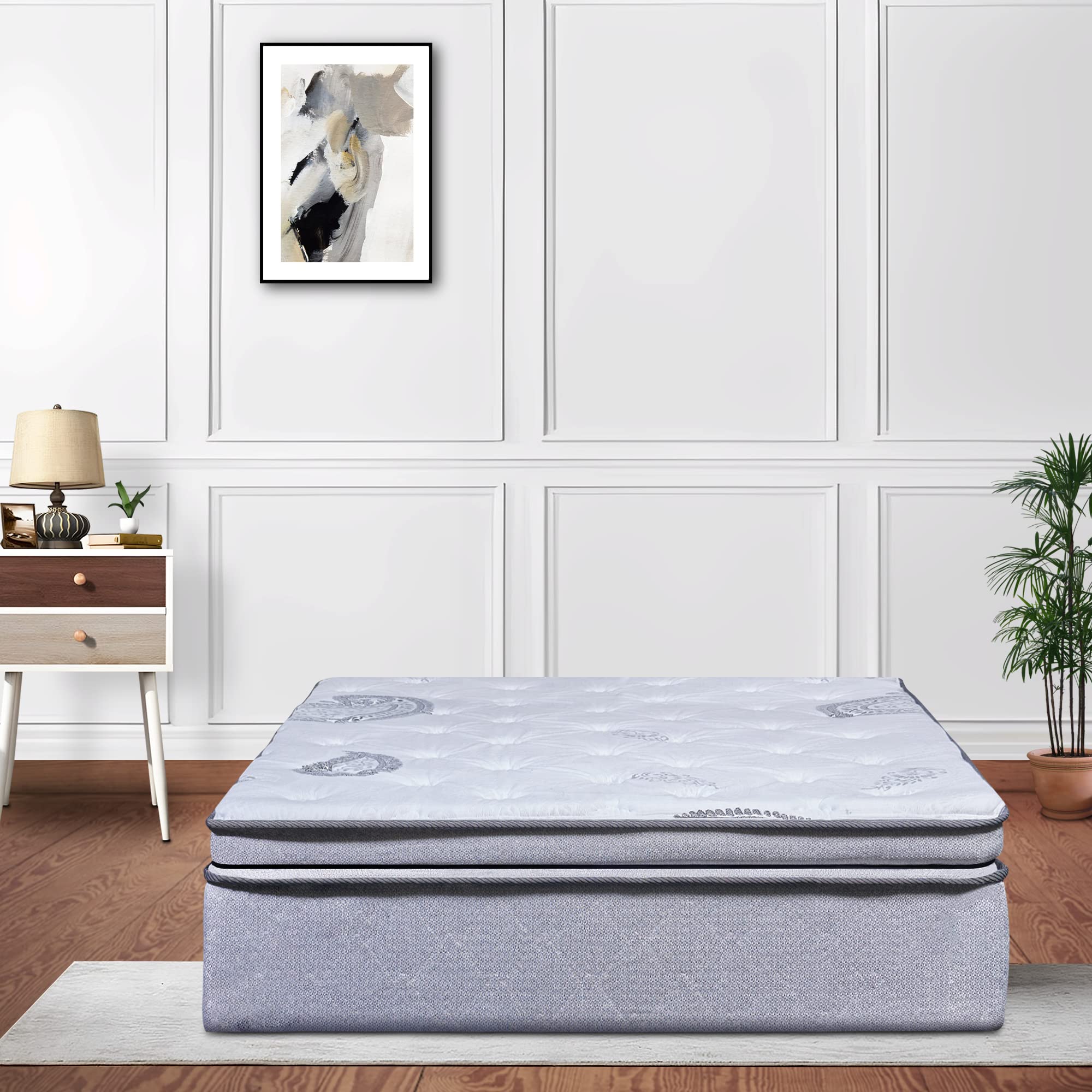Nutan 13" Foam Encased Medium Firm Mattress with Pillow Top, Soft and Comfortable Bed Mattresses for Complete Body Support and Maintain Correct Posture, Grey, King