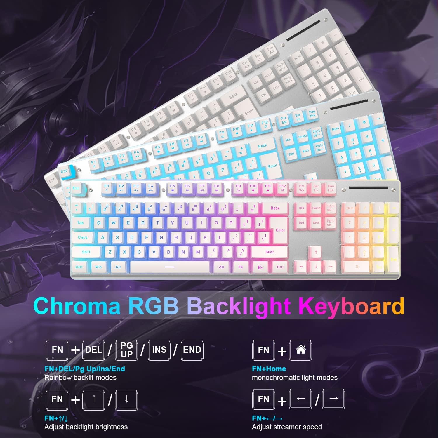 FELICON L96 Wireless Keyboard Mouse Combo, 3650mAh Rechargeable RGB Full Size Keyboard with Pudding Keycaps, Ergonomic Mechanical Feel 4800 DPi Rainbow Led Mute Mouse 2.4G USB for PC/Mac(White)