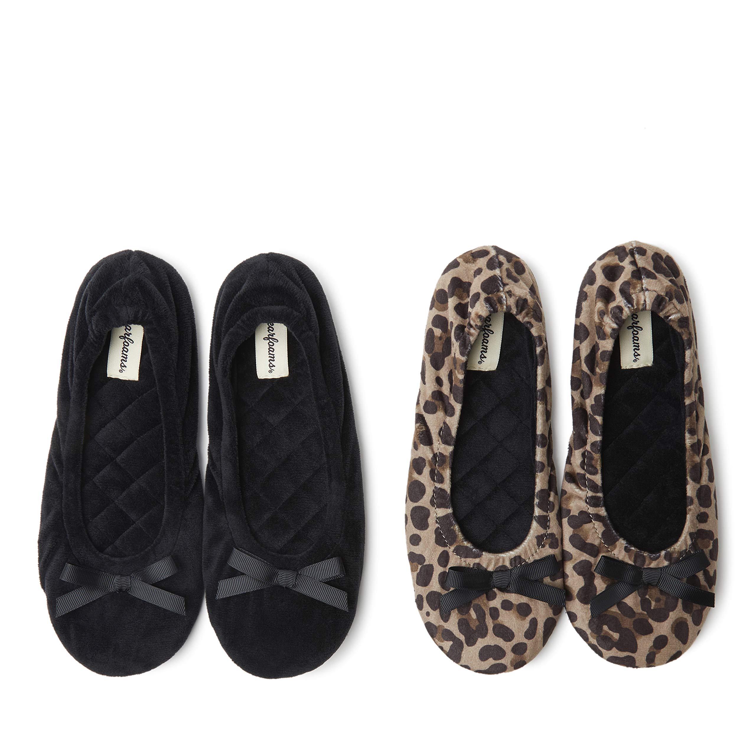 Dearfoams Women's Layla Ballerina with Suede Outsole Slipper, Black & Leopard (2 Pack), Medium