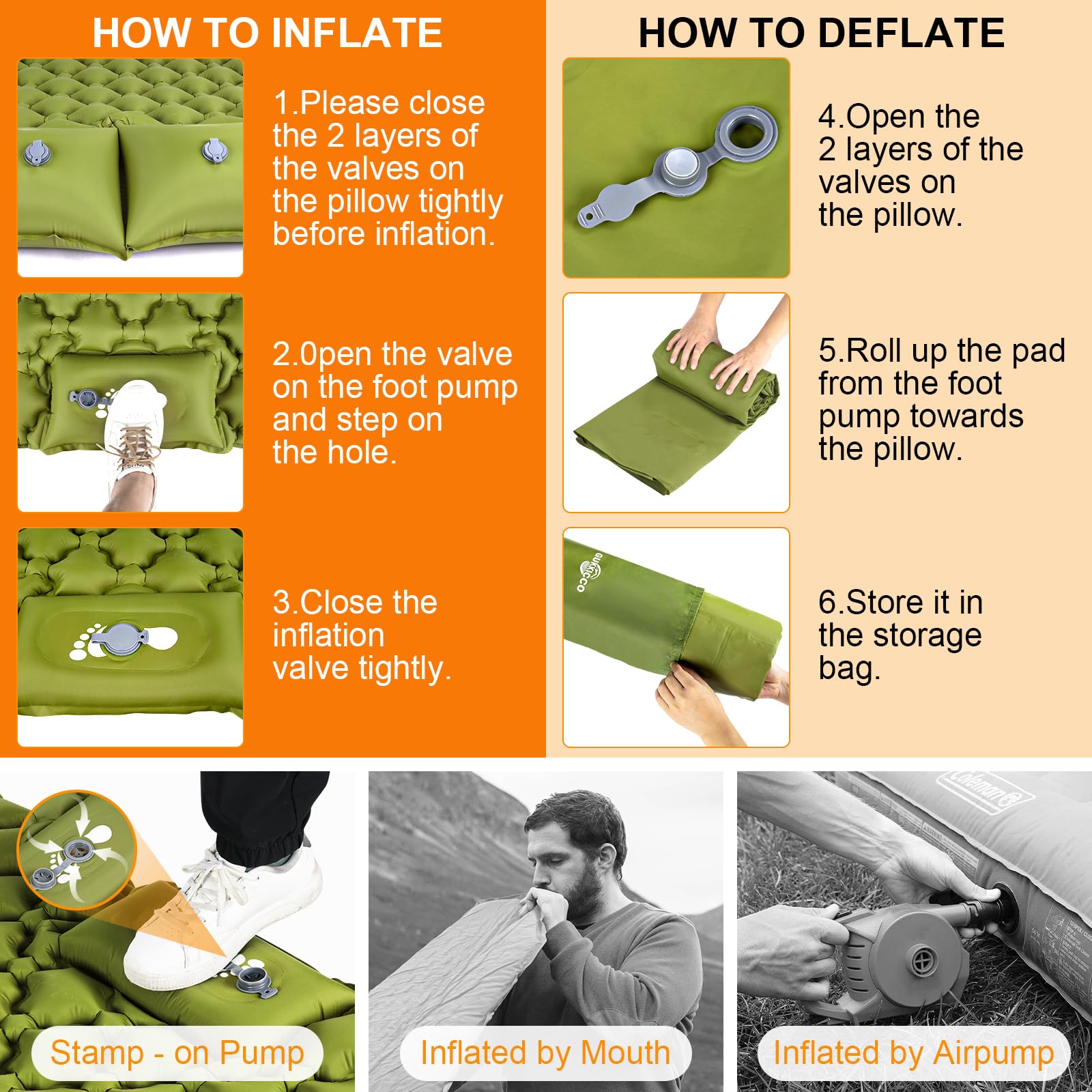 Double Sleeping Pad, Ultralight 4" Extra-Thick Self Inflating Sleeping Mat for 2 Person with Pillow Built-in Foot Pump Portable Camping Mat for Backpacking, Hiking, Traveling, Tent (Army yellow)