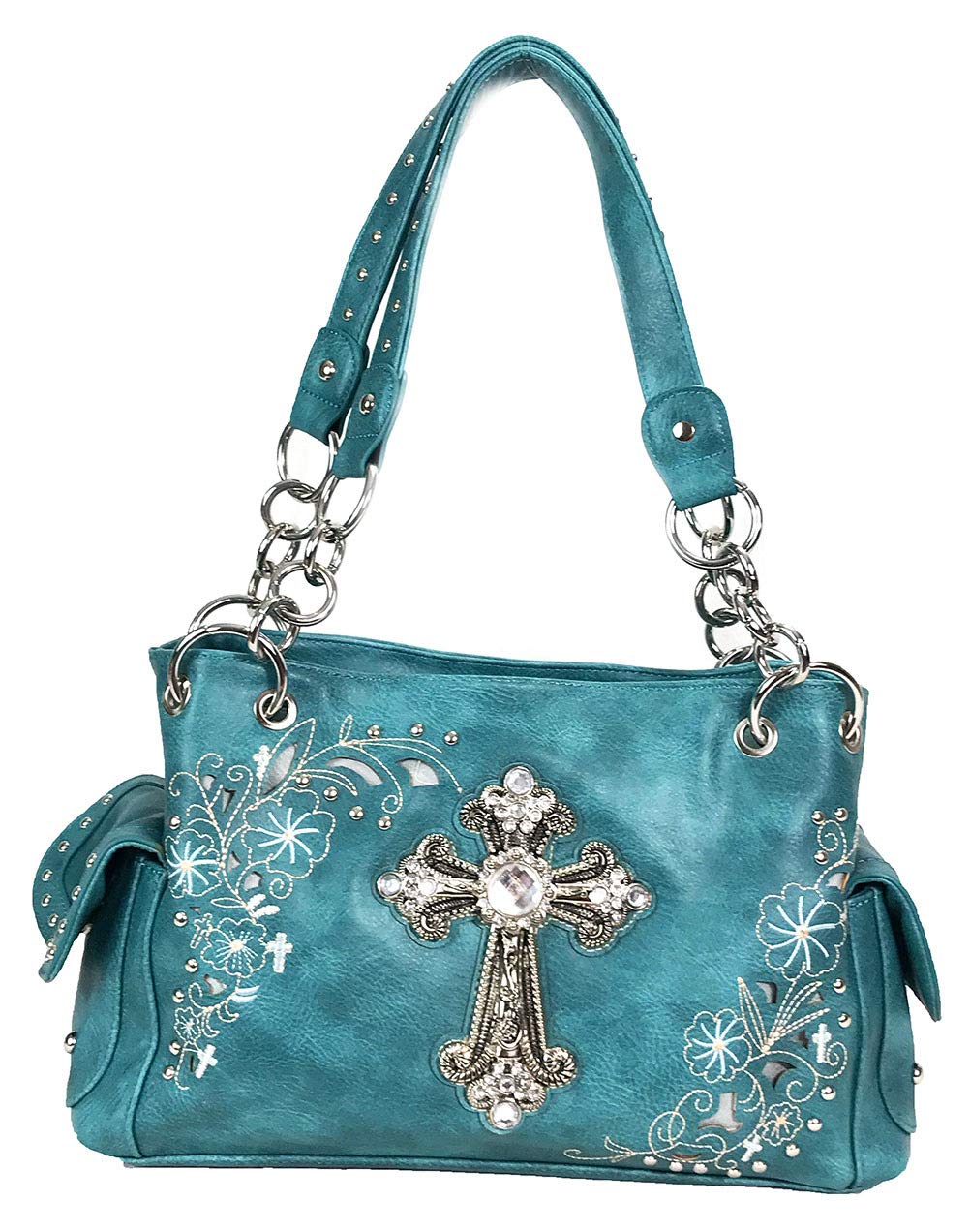 Zzfab Rhinestone Cross Embroidered Floral Western Handbag Turquoise