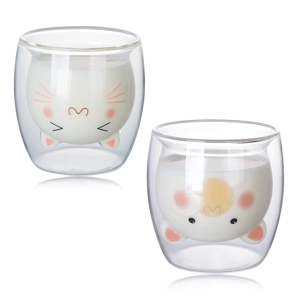 FUTGLOBAL 2 Pack Cute Mugs Glass Double Wall Insulated Glass Set (Bear and Kitten), Muulaii Coffee Cup, Milk Cup, Tea Cup, Best Gift for Office, Birthday, Valentine's Day and Christmas
